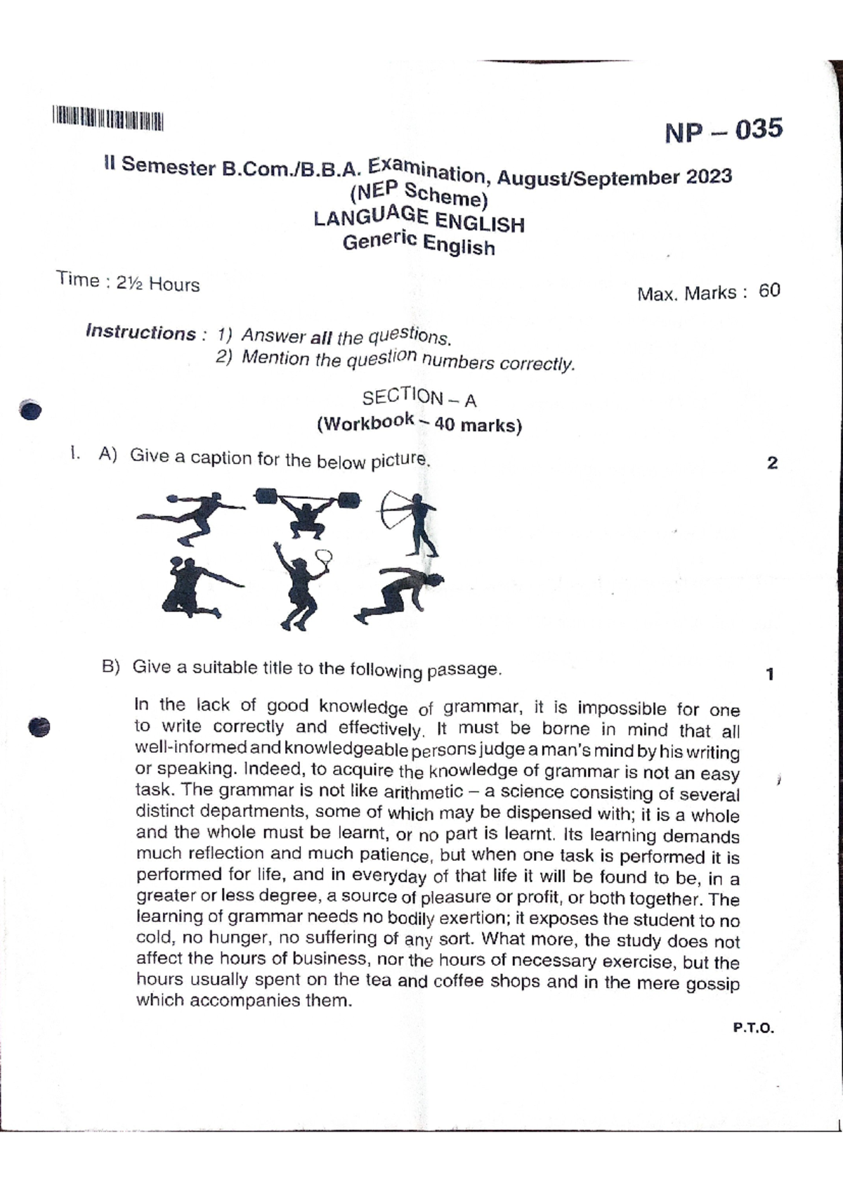 English question paper - NP 035 II Semester Examination, 2023 (NEP ...