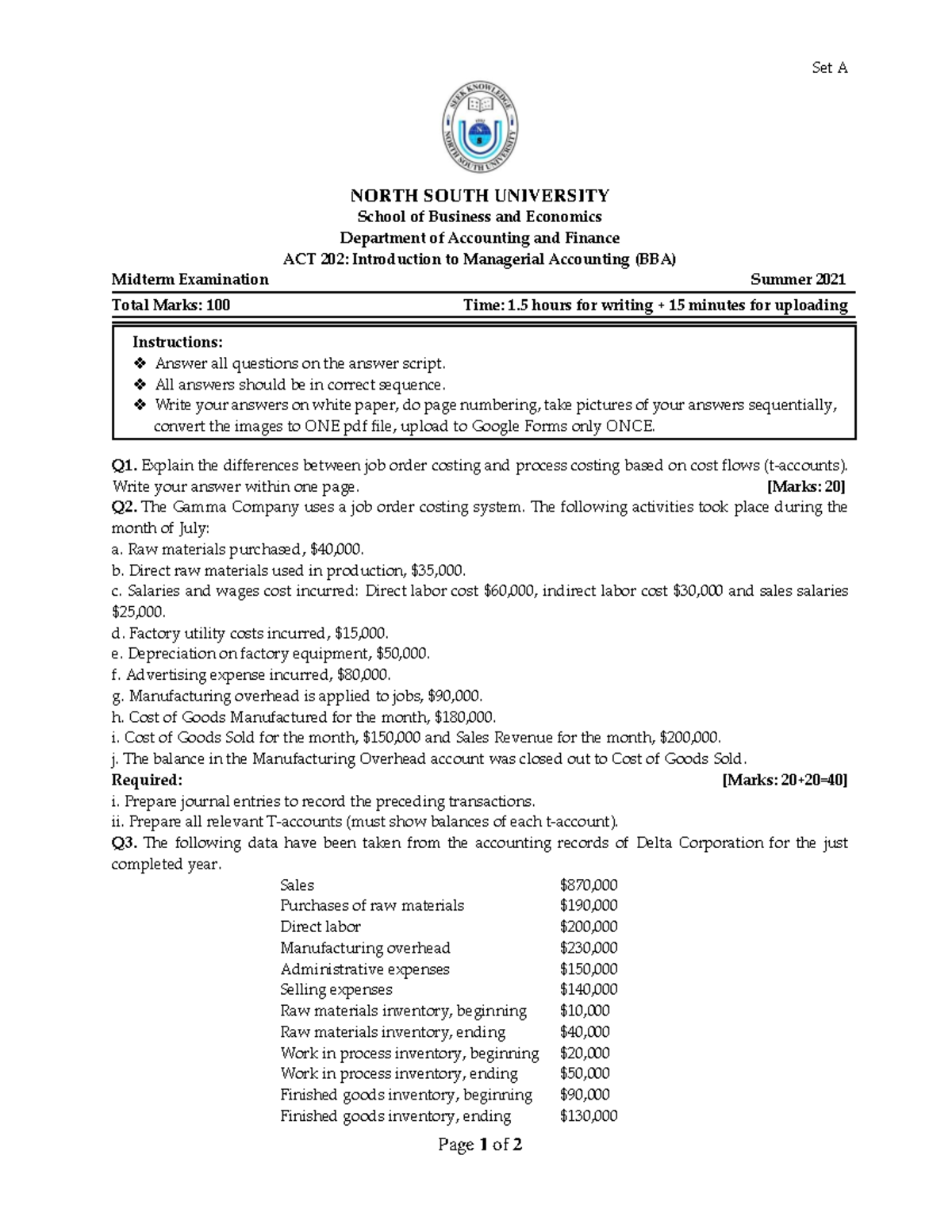 MA Midterm Summer 21 Set A - Set A Page 1 of 2 NORTH SOUTH UNIVERSITY ...