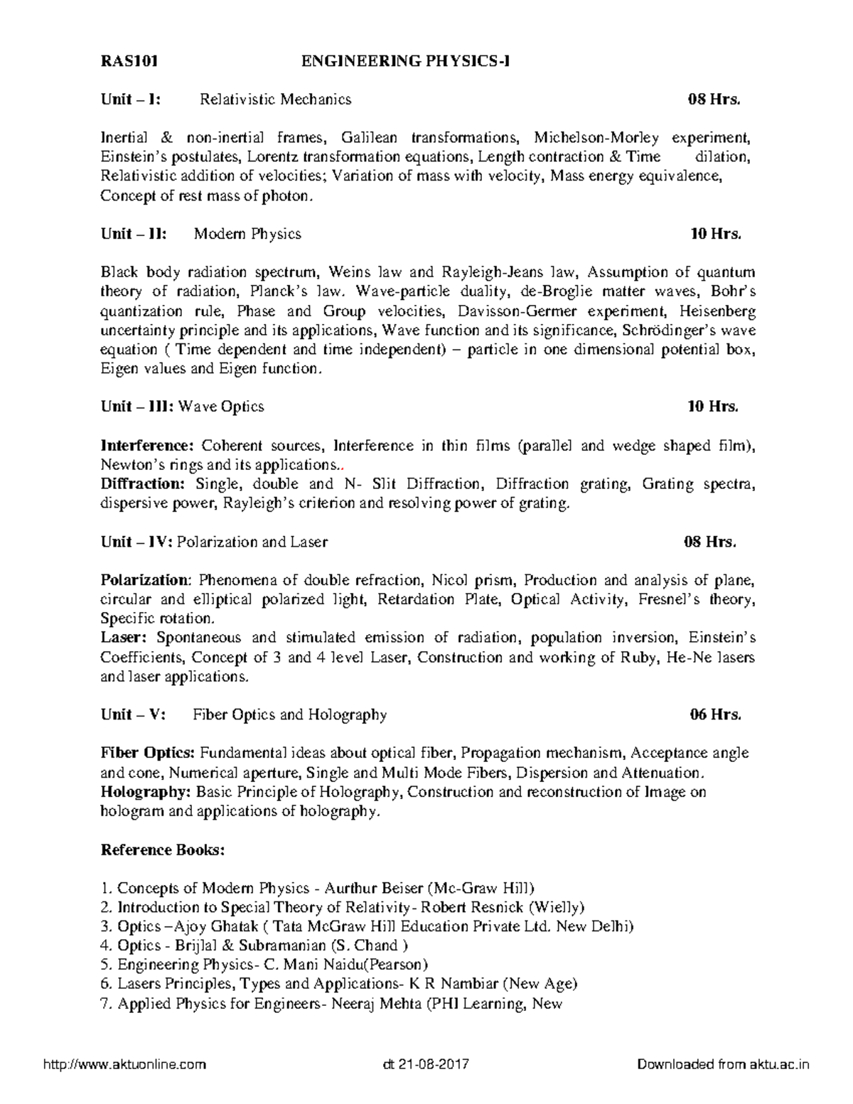 Aktu syllabus btech ras101 engineering physics 1 - RAS101 ENGINEERING PHYSICS-I Unit – I: - Studocu