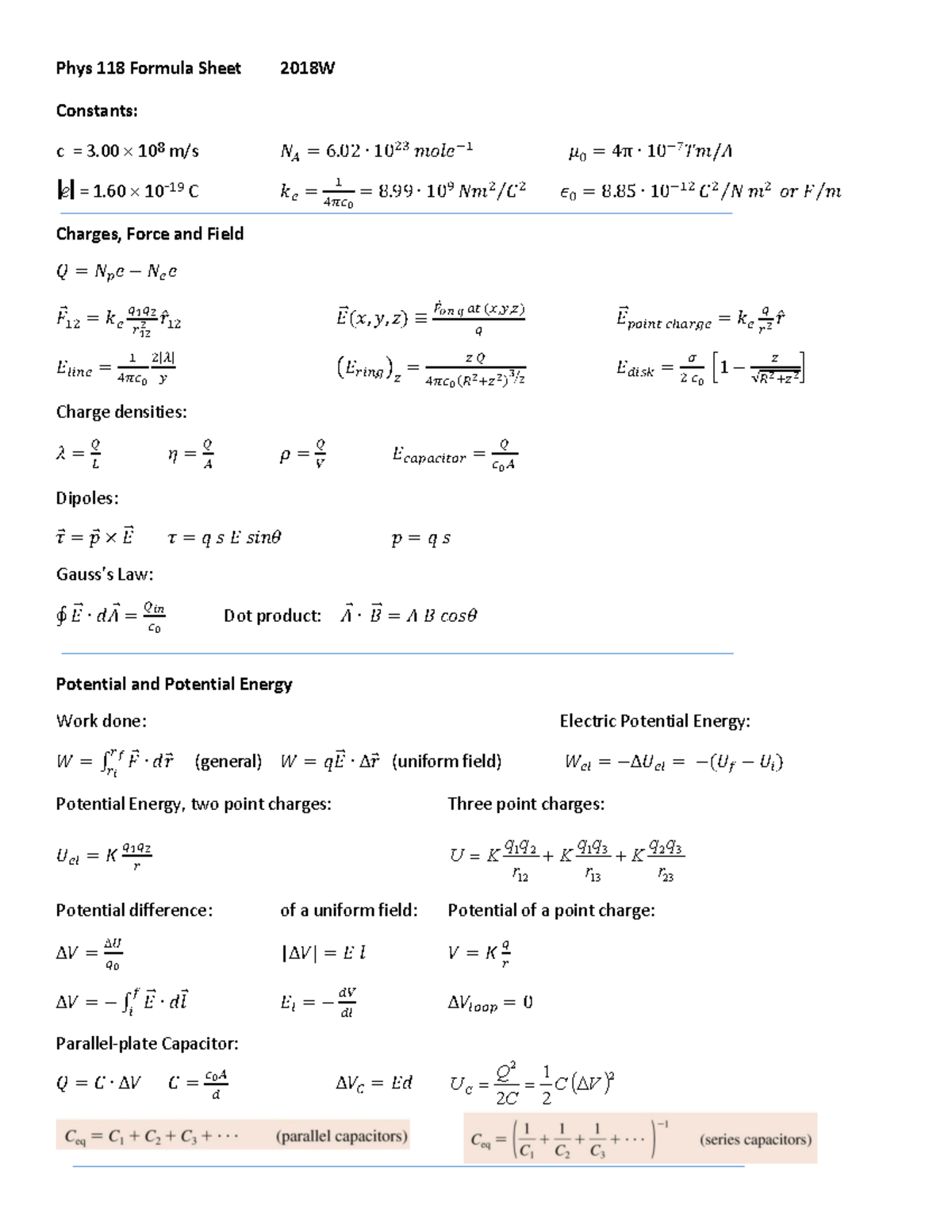 Formula Sheet 2020W - Phys 118 Formula Sheet 2018 W Constants: c = 3 ́ 108 m/s 𝑁! = 6. 02 ∙ 10 ...