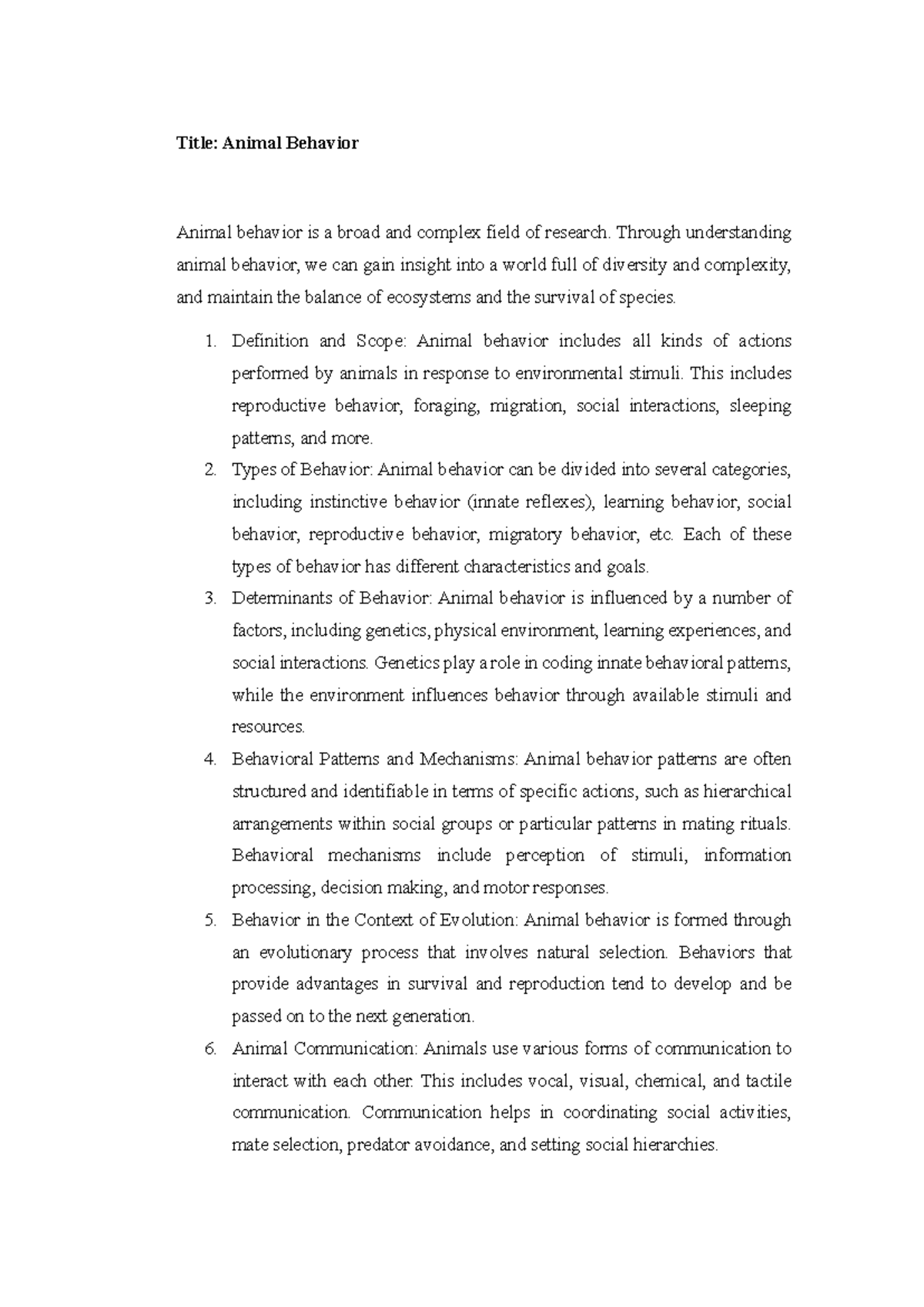 Animal behavior - Title: Animal Behavior Animal behavior is a broad and ...