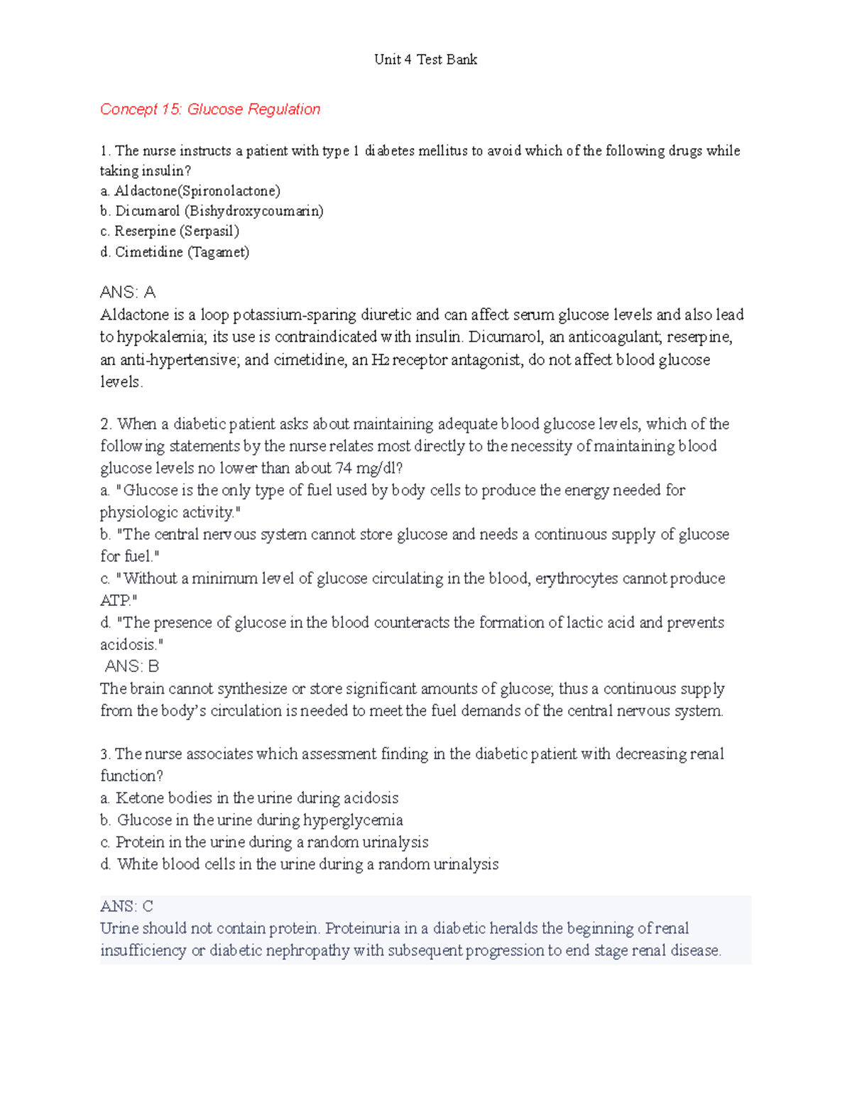 Unit 4 Test Bank Questions - Concept 15: Glucose Regulation 1. The ...