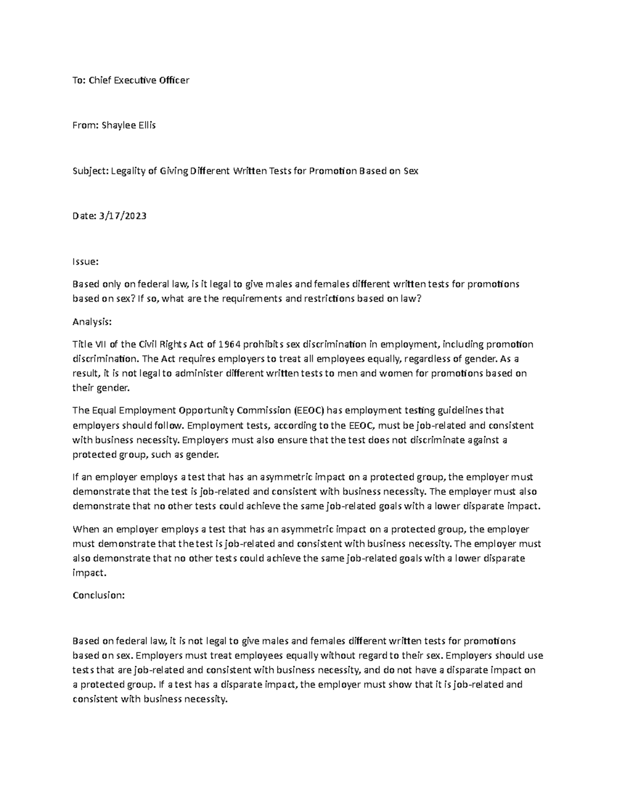 Bus-340 memo - coursework - To: Chief Executive Officer From: Shaylee ...