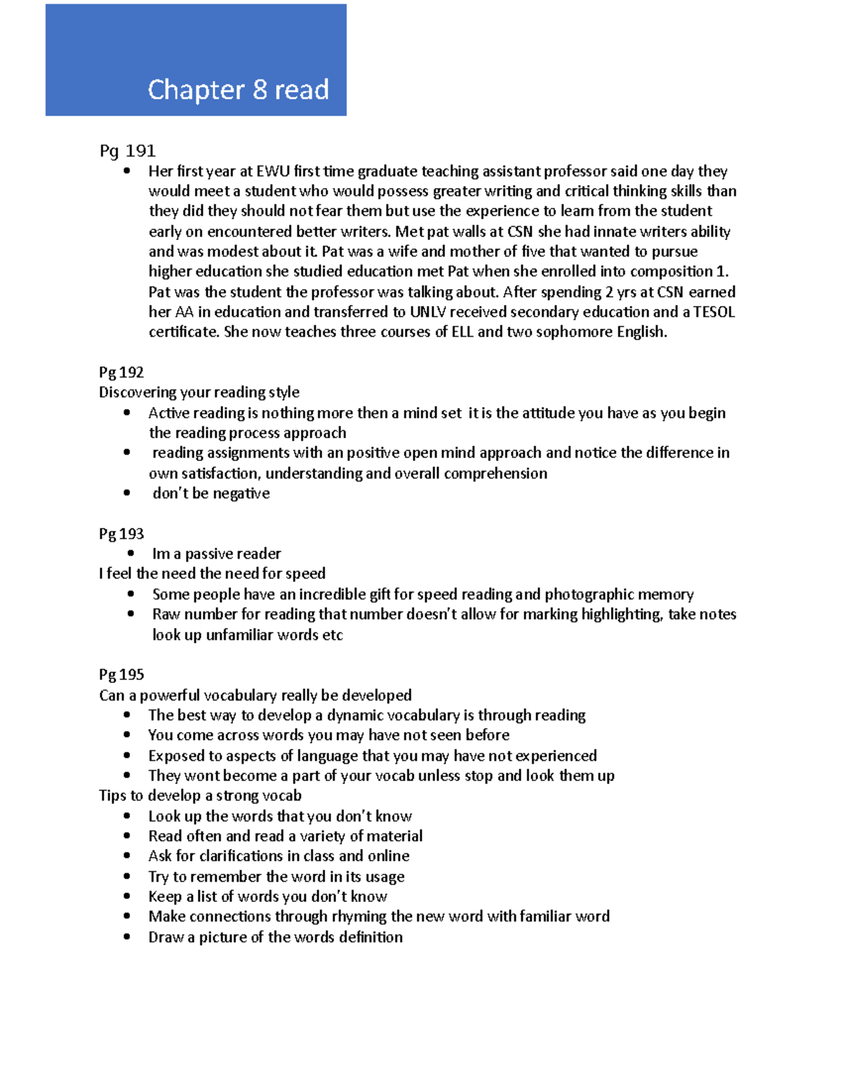 Notes chapter 8 - kristine morrow - Pg 191 Her first year at EWU first ...