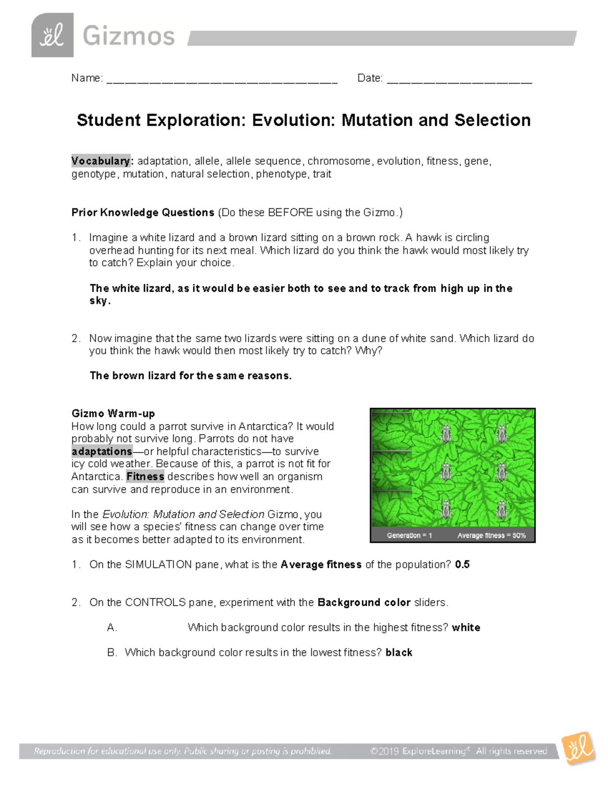 470847330 Student Exploration Evolution Mutation and Selection gizmo answers - Name: - Studocu