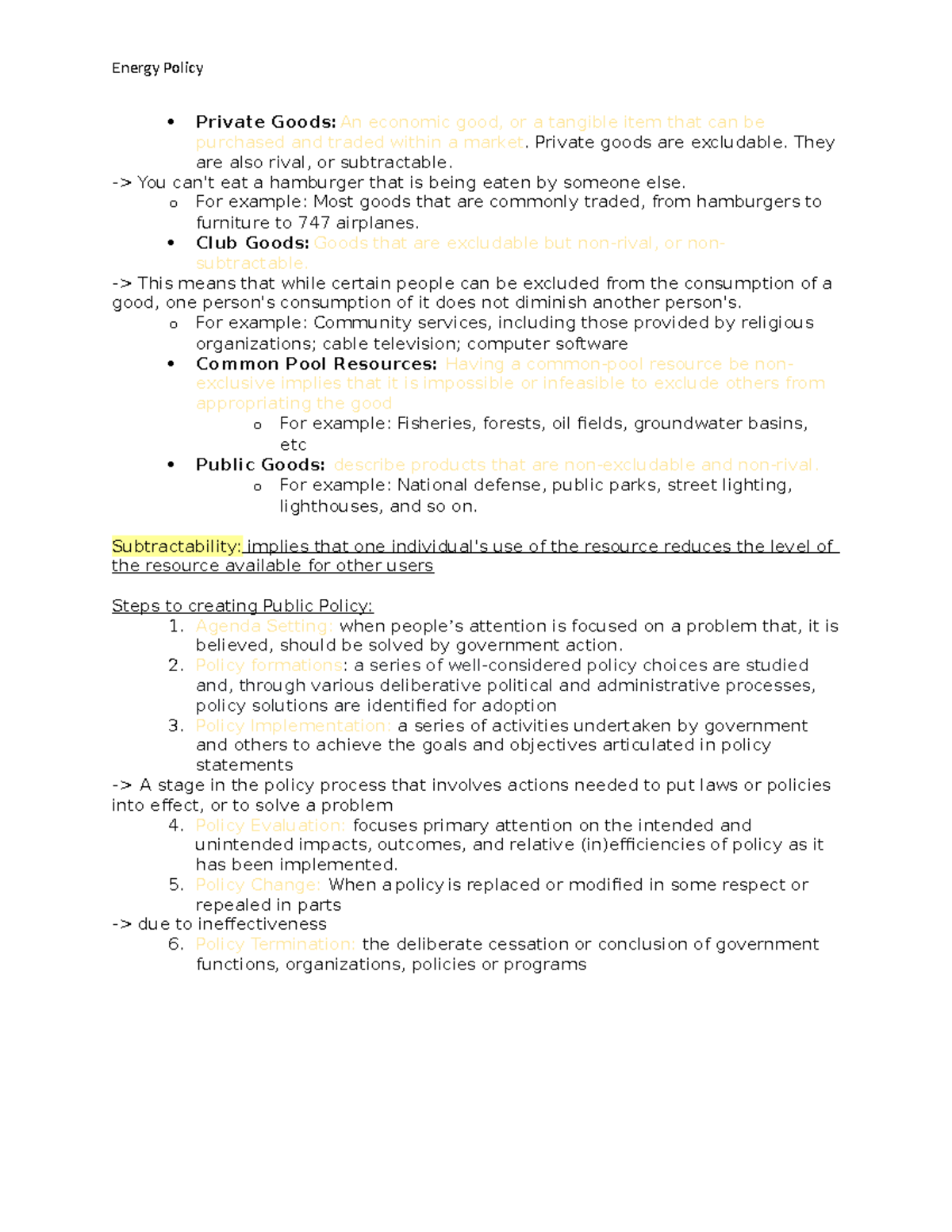 Energy Policy Notes - Energy Policy Private Goods: An economic good, or ...