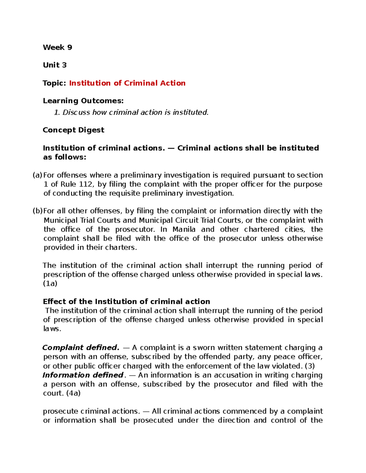 Week 9 Institution of Criminal Action - Week 9 Unit 3 Topic ...
