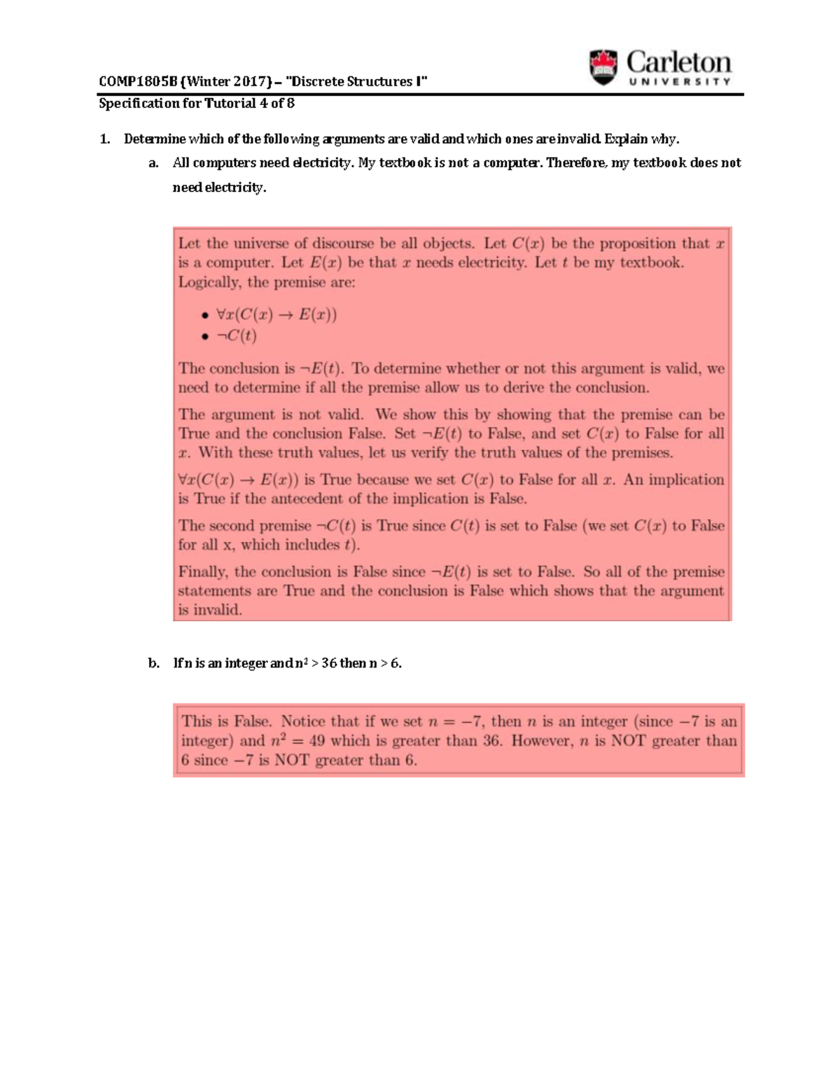 COMP1805 TUT04 (Model Solutions) - Specification for Tutorial 4 of 8 Determine which of the ...
