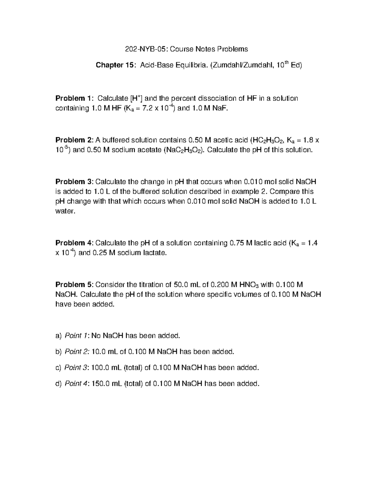 Chapter 15 - Acid-Base Equilibria Course notes Problems - 202-NYB-05 ...