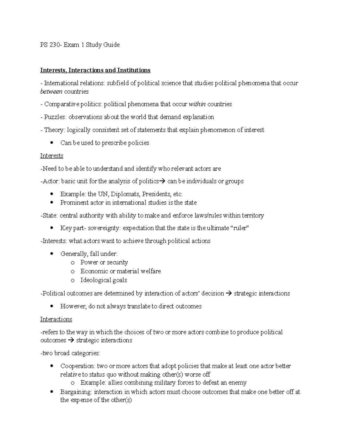 PS 230 Exam 1 Study Guide - PS 230- Exam 1 Study Guide Interests ...