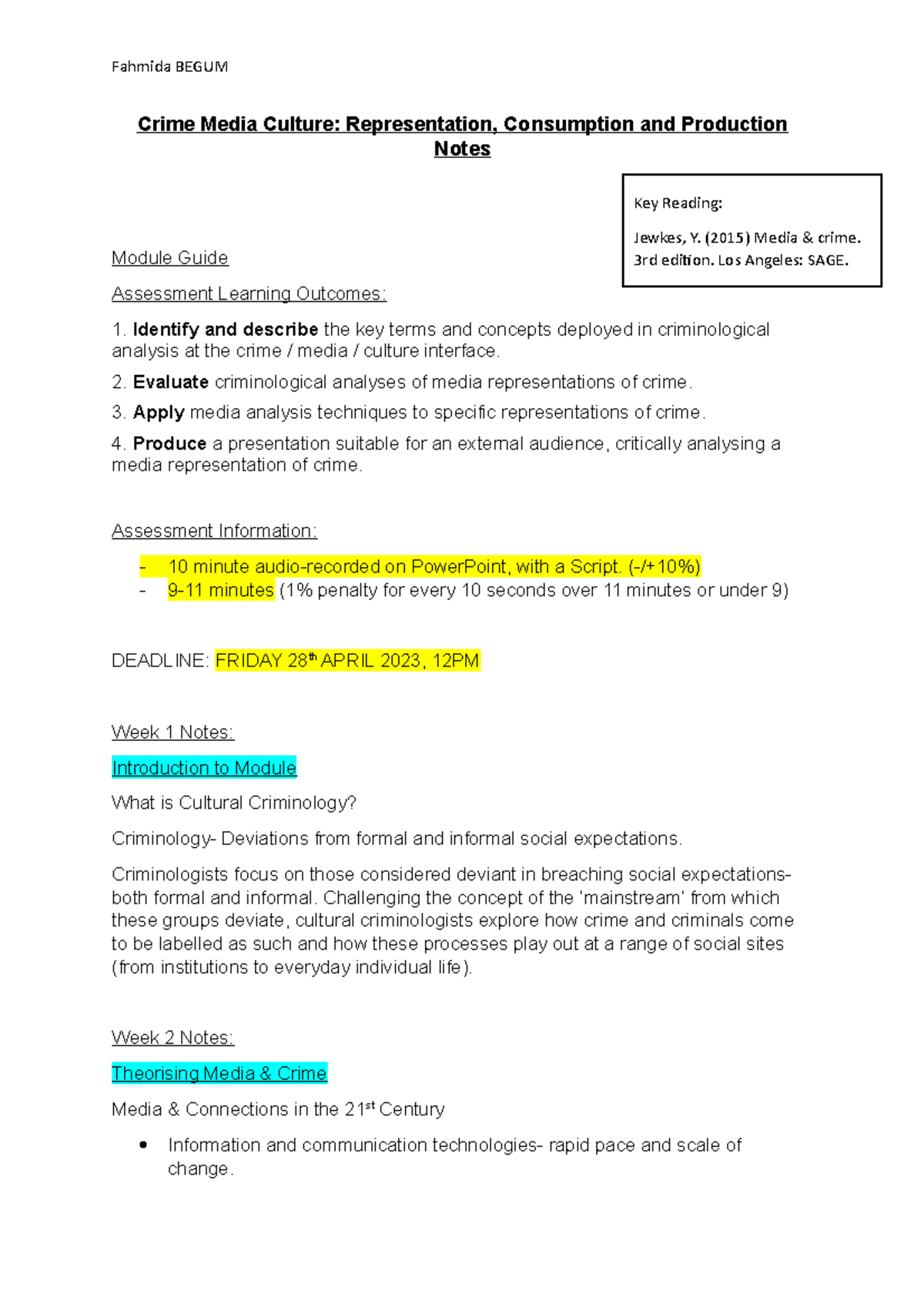 Crime Media Culture- Representation, Consumption and Production Notes ...