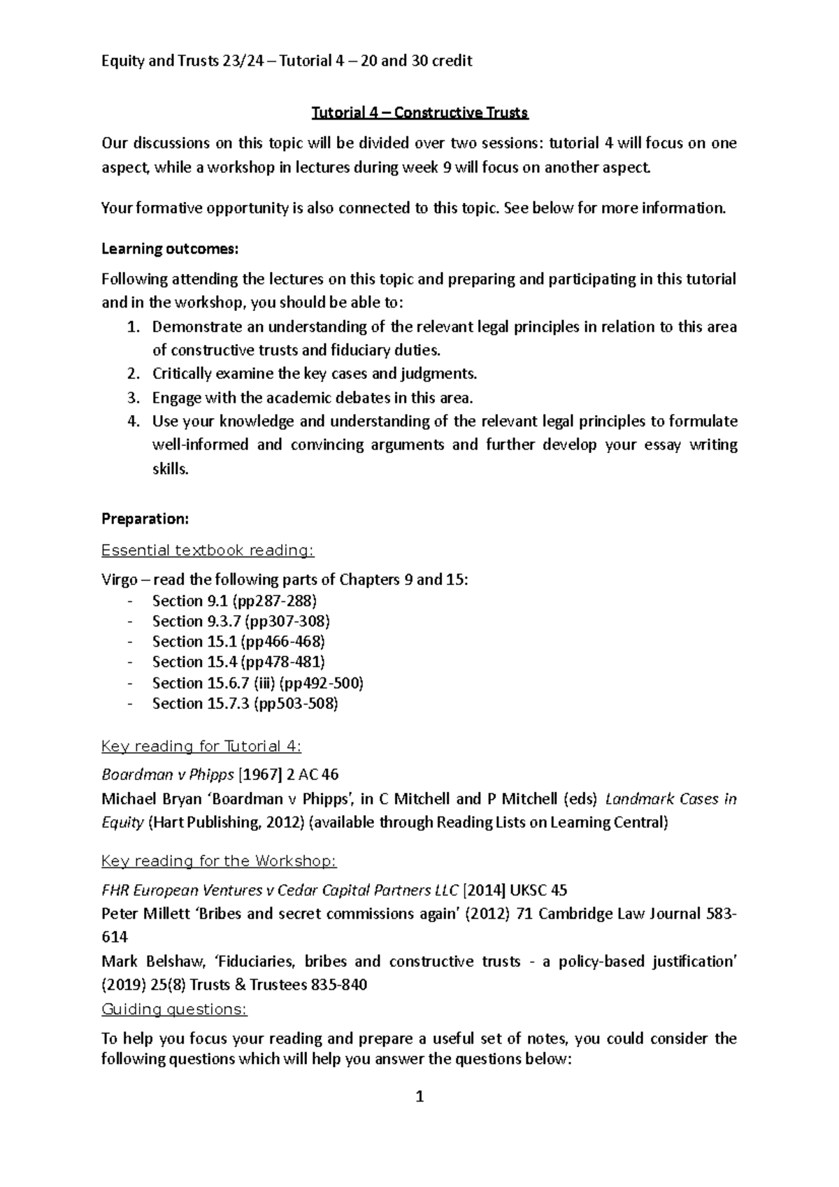 Tutorial 4 - worksheet - Tutorial 4 – Constructive Trusts Our discussions on this topic will be ...