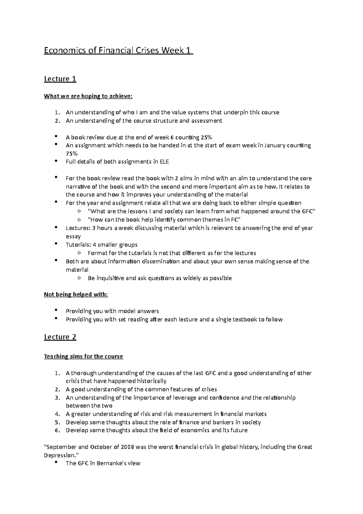 Eo FC W1 Full Notes - Economics of Financial Crises Week 1 Lecture 1 ...