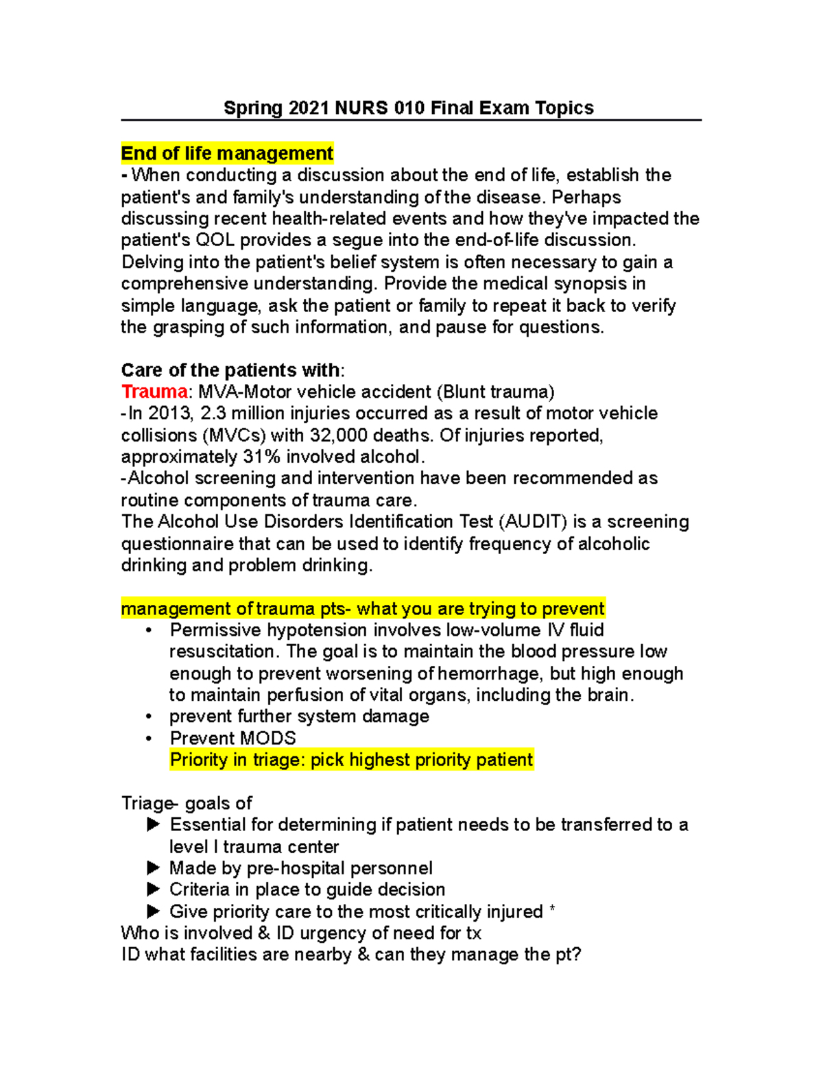 Spring 2021 Final Exam Topics critical - Spring 2021 NURS 010 Final ...