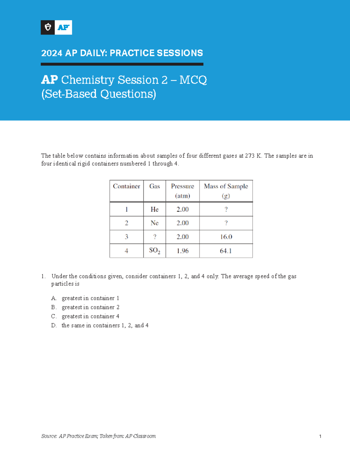 AP Chemistry Session 2 Worksheet - Source: AP Practice Exam; Taken from ...