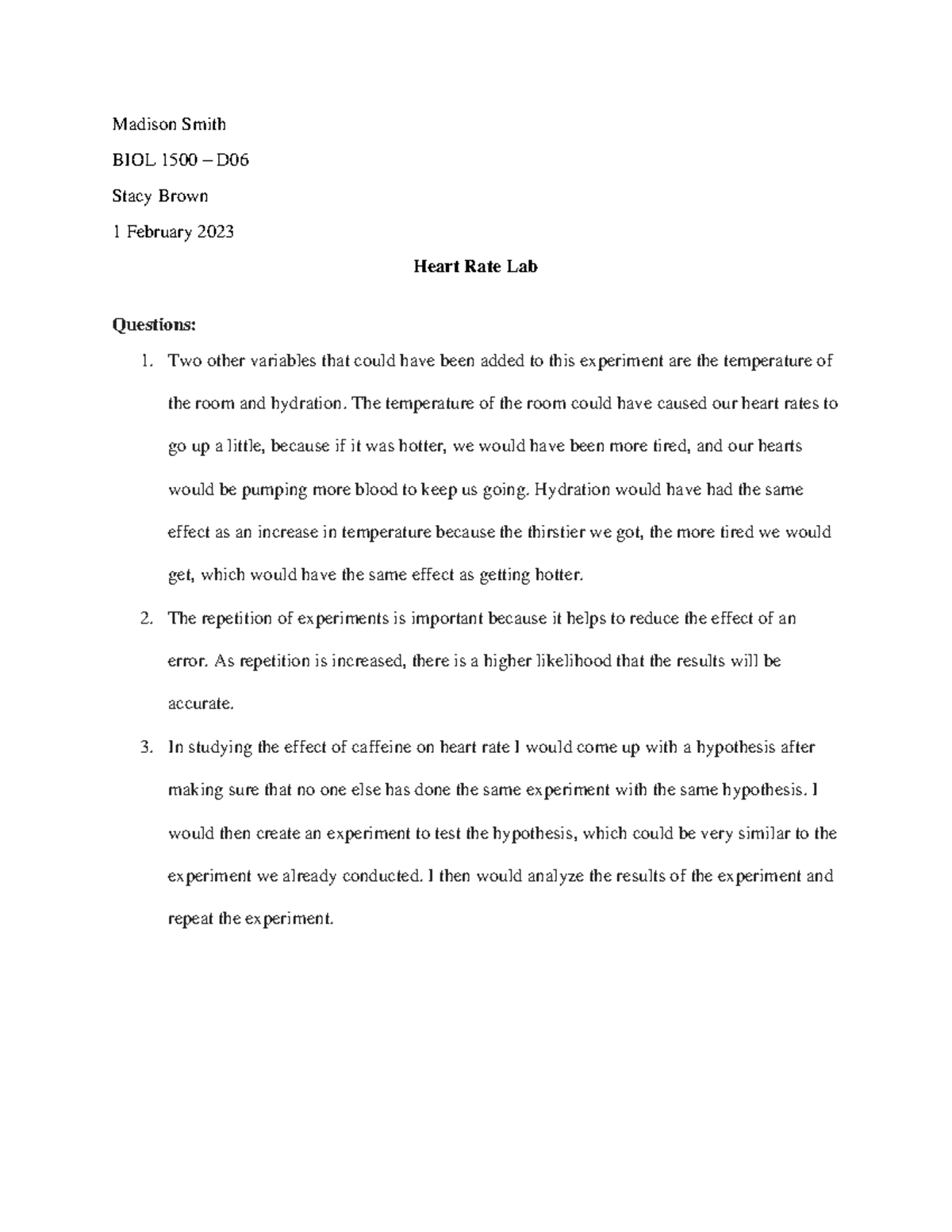 Heart rate lab - Madison Smith BIOL 1500 – D Stacy Brown 1 February ...