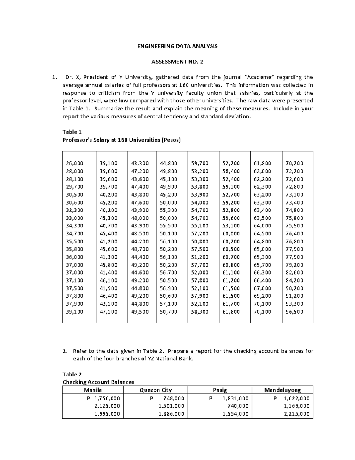 Assessment 2 - ANALYSIS - ENGINEERING DATA ANALYSIS Dr. X, President of ...