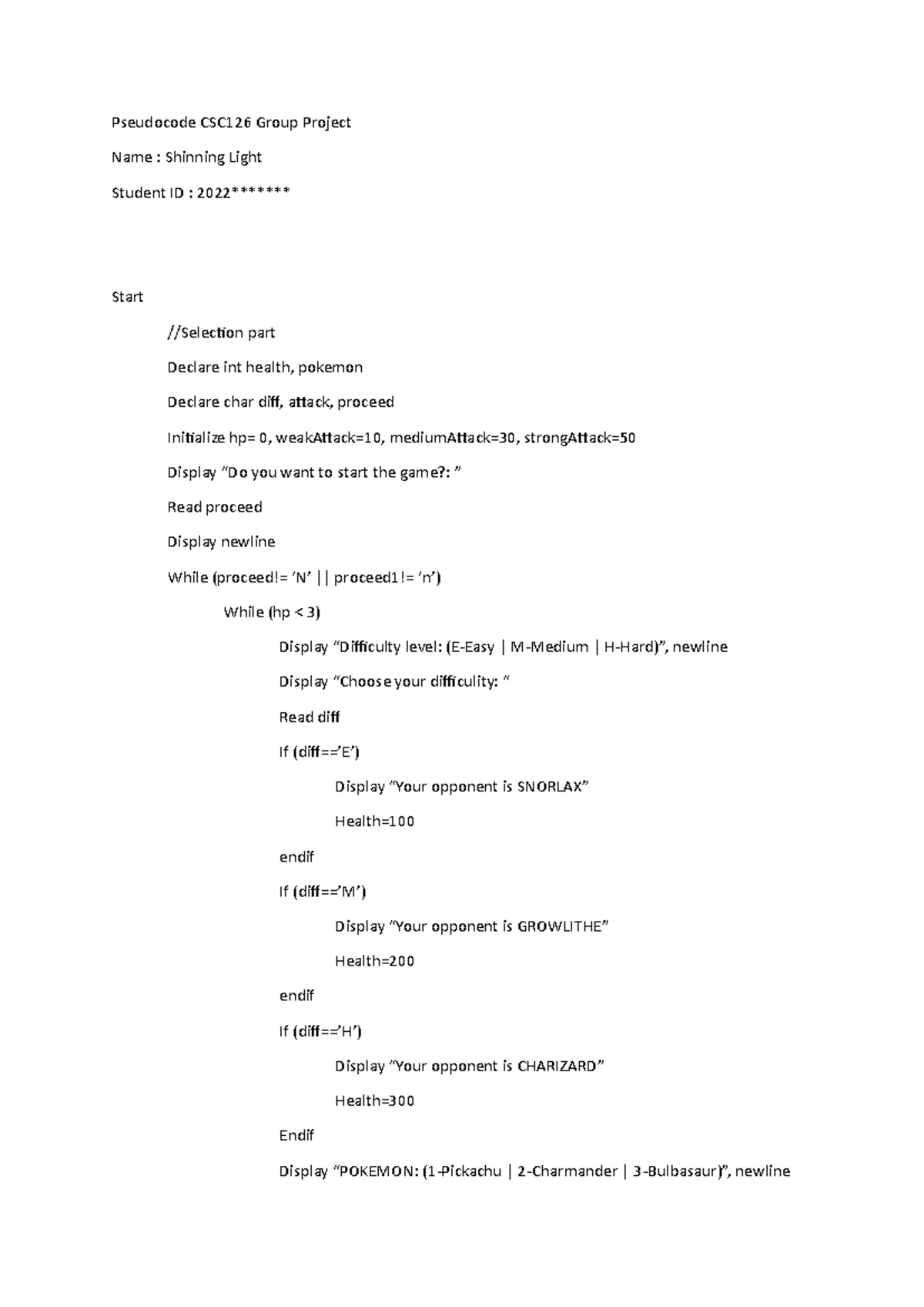 Pseudocode Group Project Cscs126 Pseudocode Csc126 Group Project Name