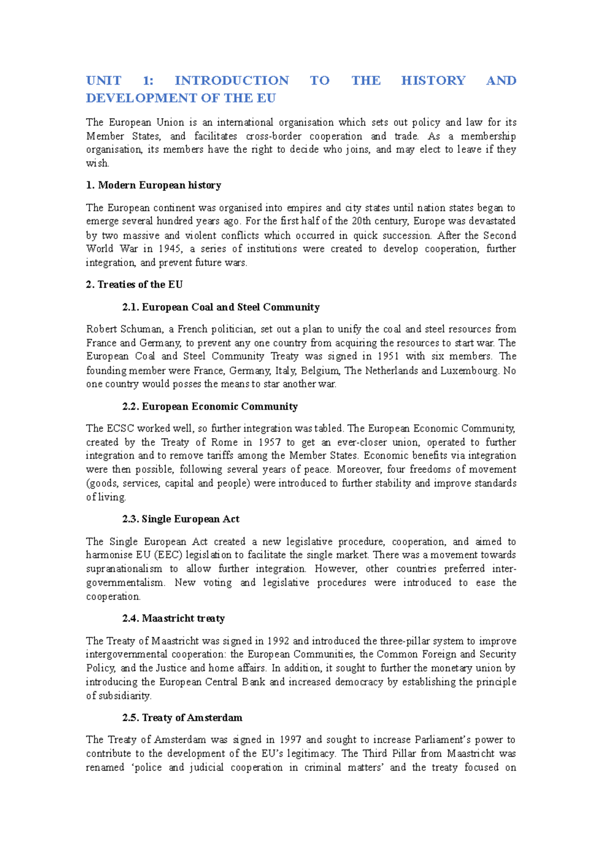 UNIT 1 - Lecture notes 1 - UNIT 1: INTRODUCTION DEVELOPMENT OF THE EU ...