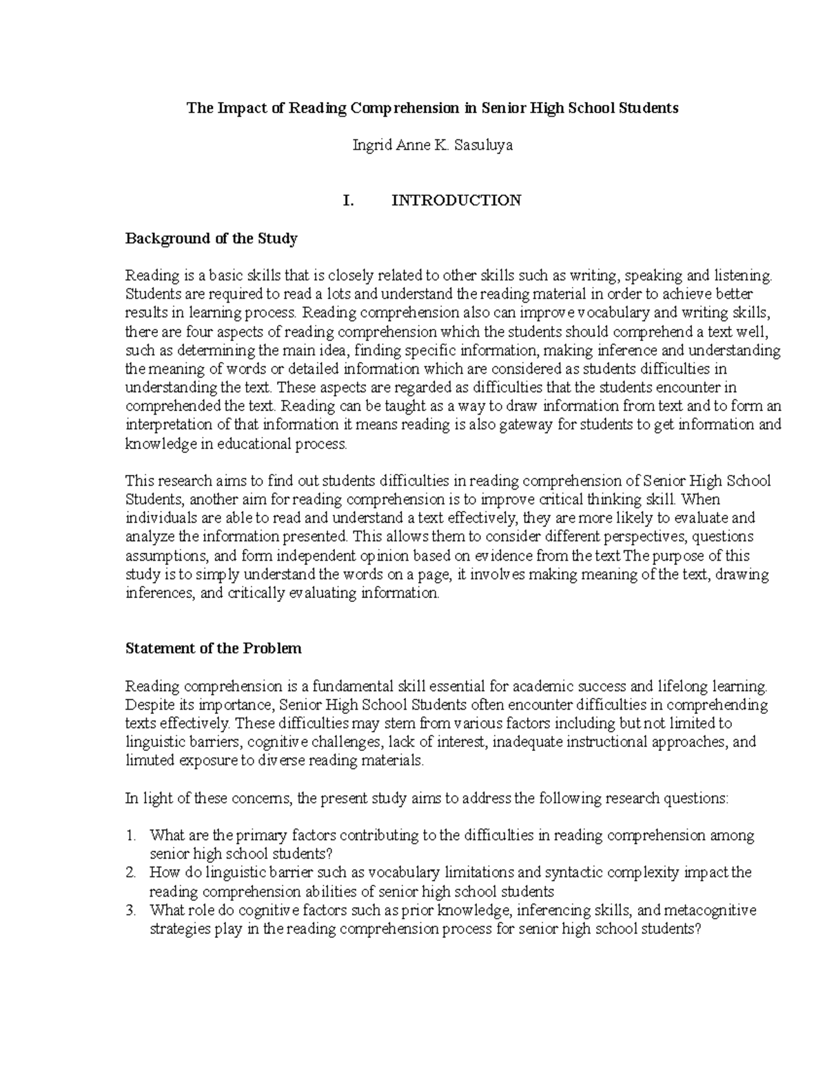 Research-introduction - The Impact of Reading Comprehension in Senior ...