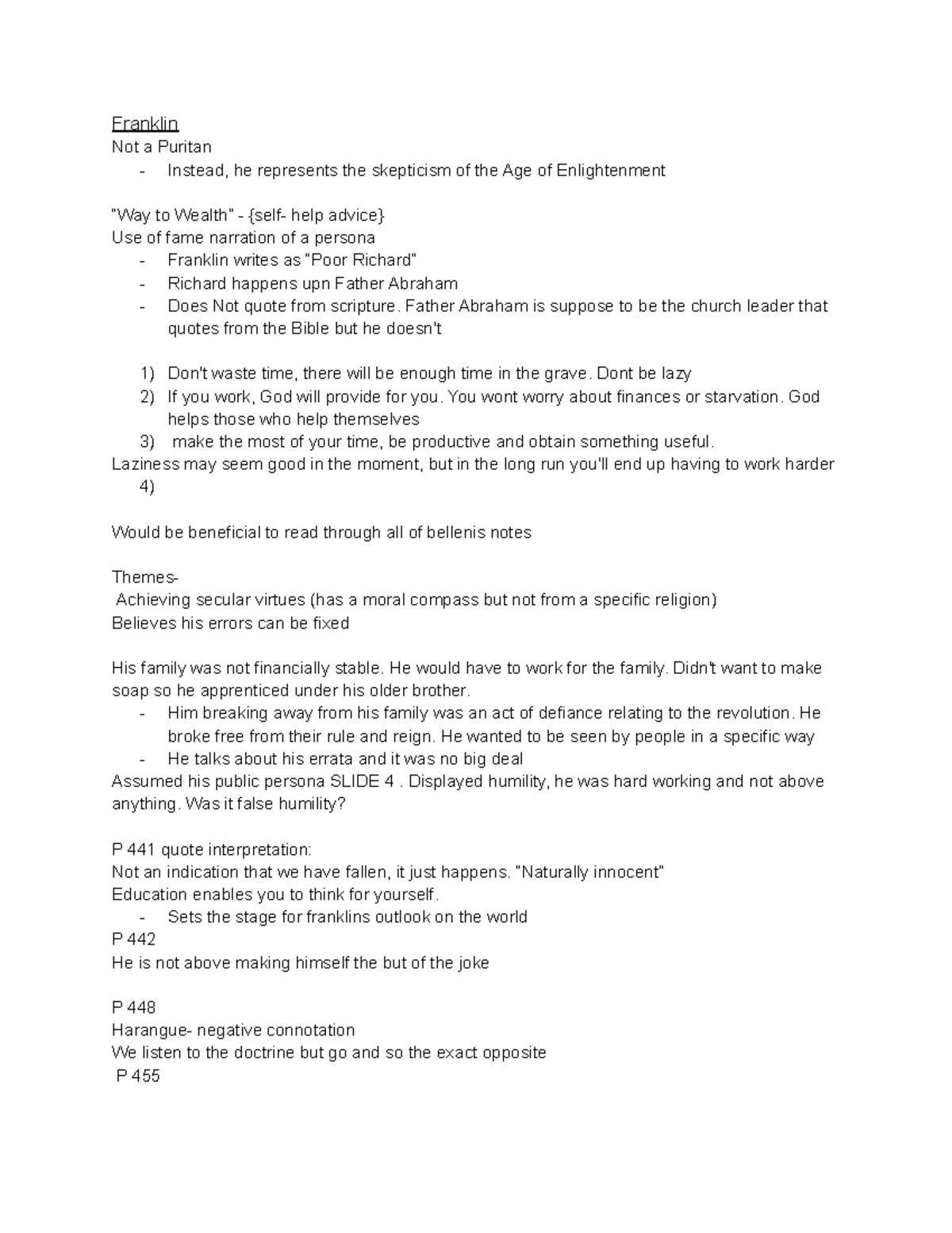 Franklin, Crevecoeur, Paine - Franklin Not a Puritan - Instead, he ...