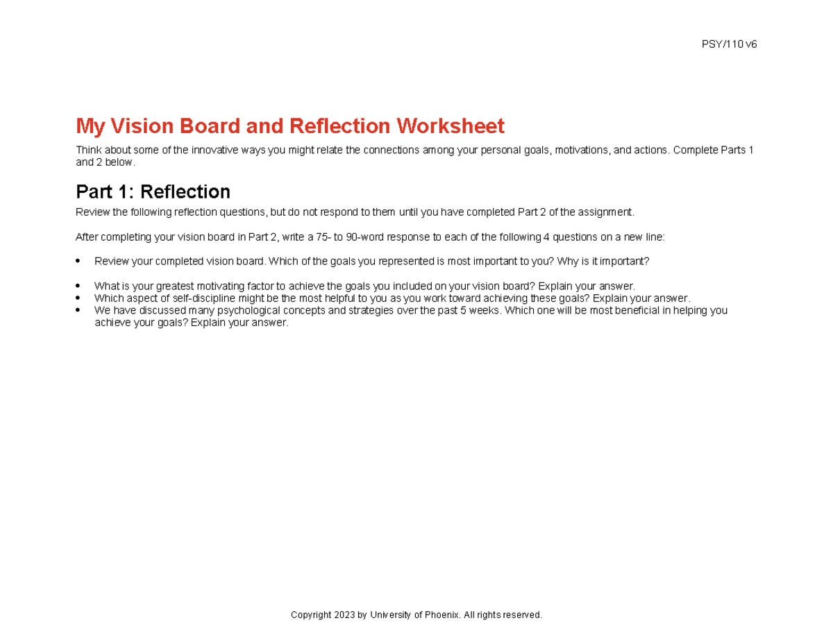 Psy110 v6 wk5 my vision board and reflection worksheet - PSY/110 v My ...