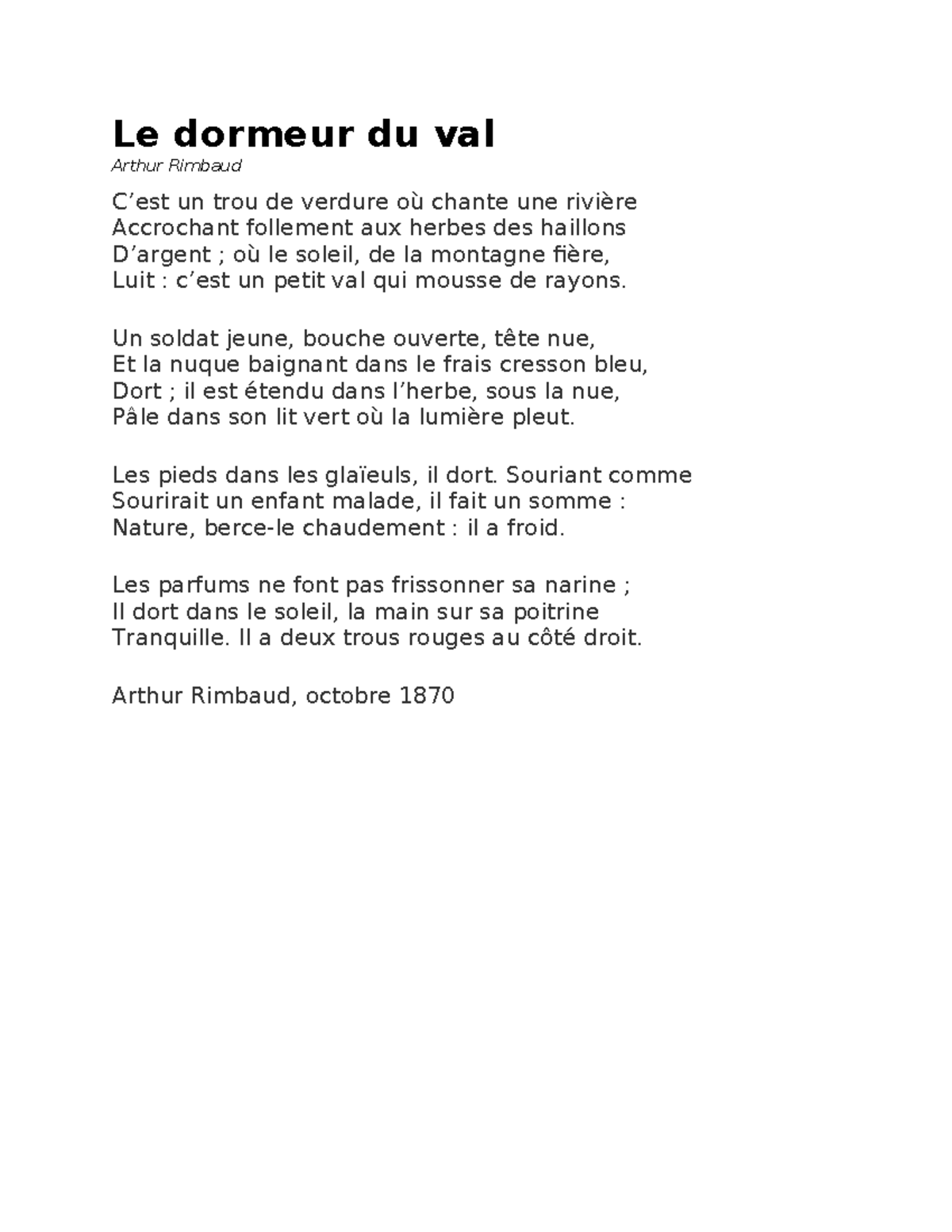 Le dormeur du val - aaaaaaaaaaa - Le dormeur du val Arthur Rimbaud C ...
