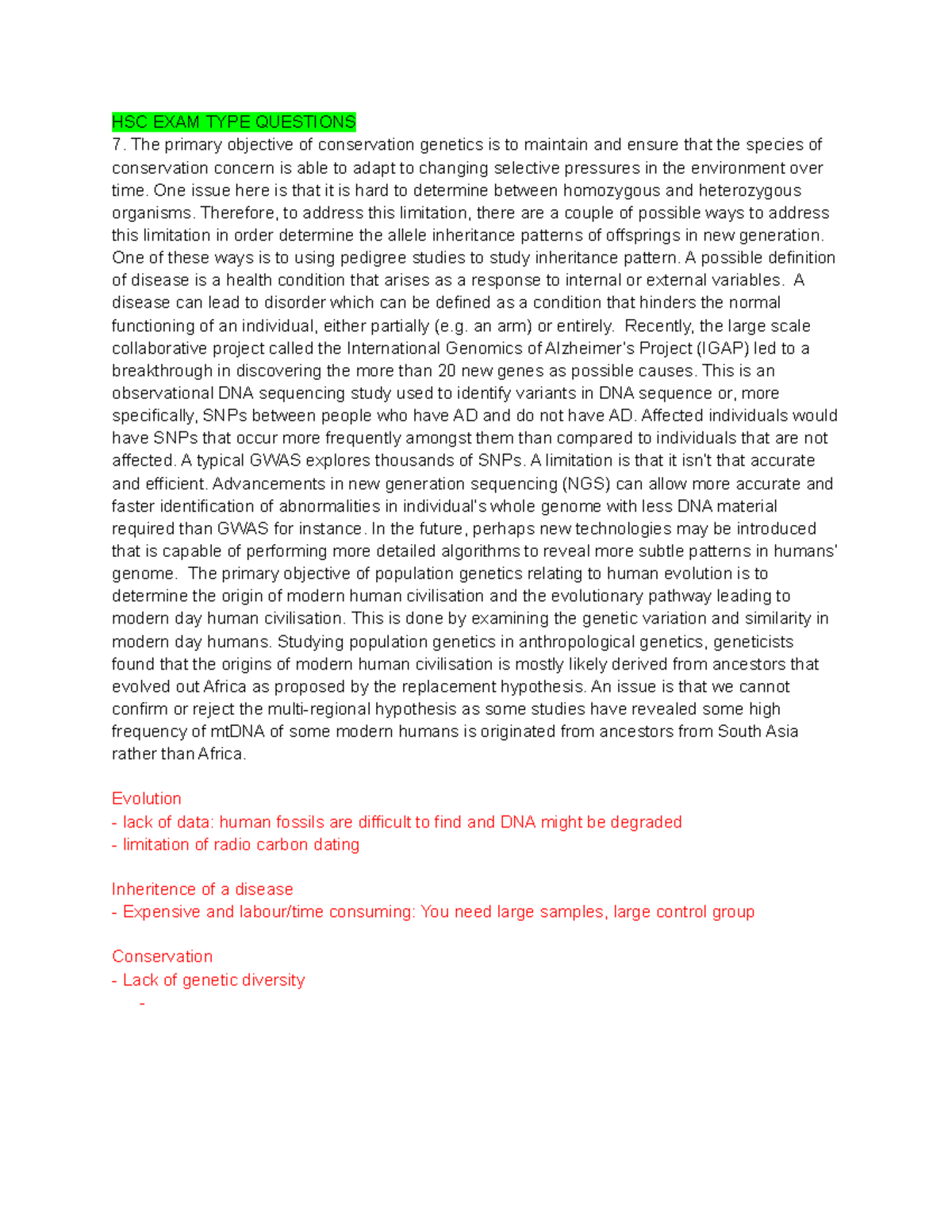 Bio notes - HSC EXAM TYPE QUESTIONS The primary objective of ...