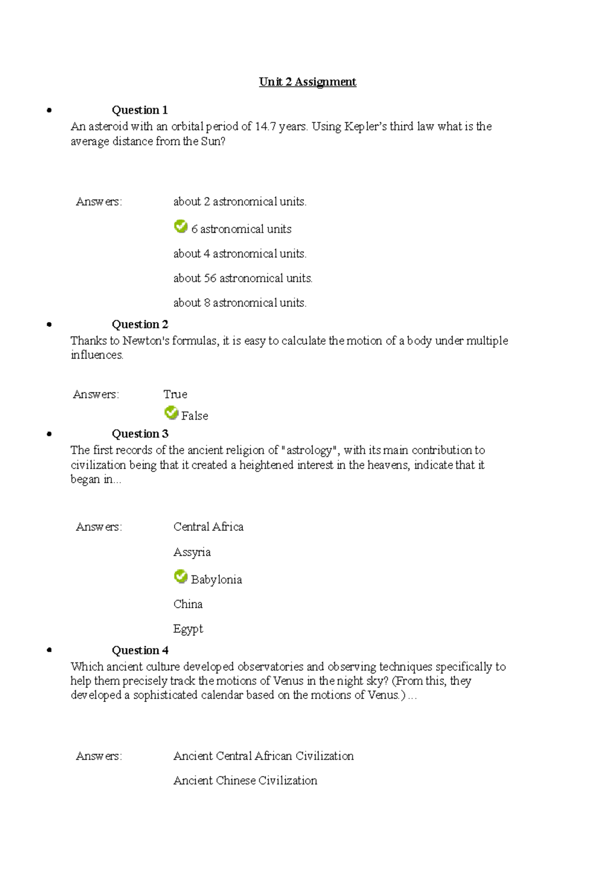 Astronomy - Unit 2 Test - Unit 2 Assignment Question 1 An asteroid with ...