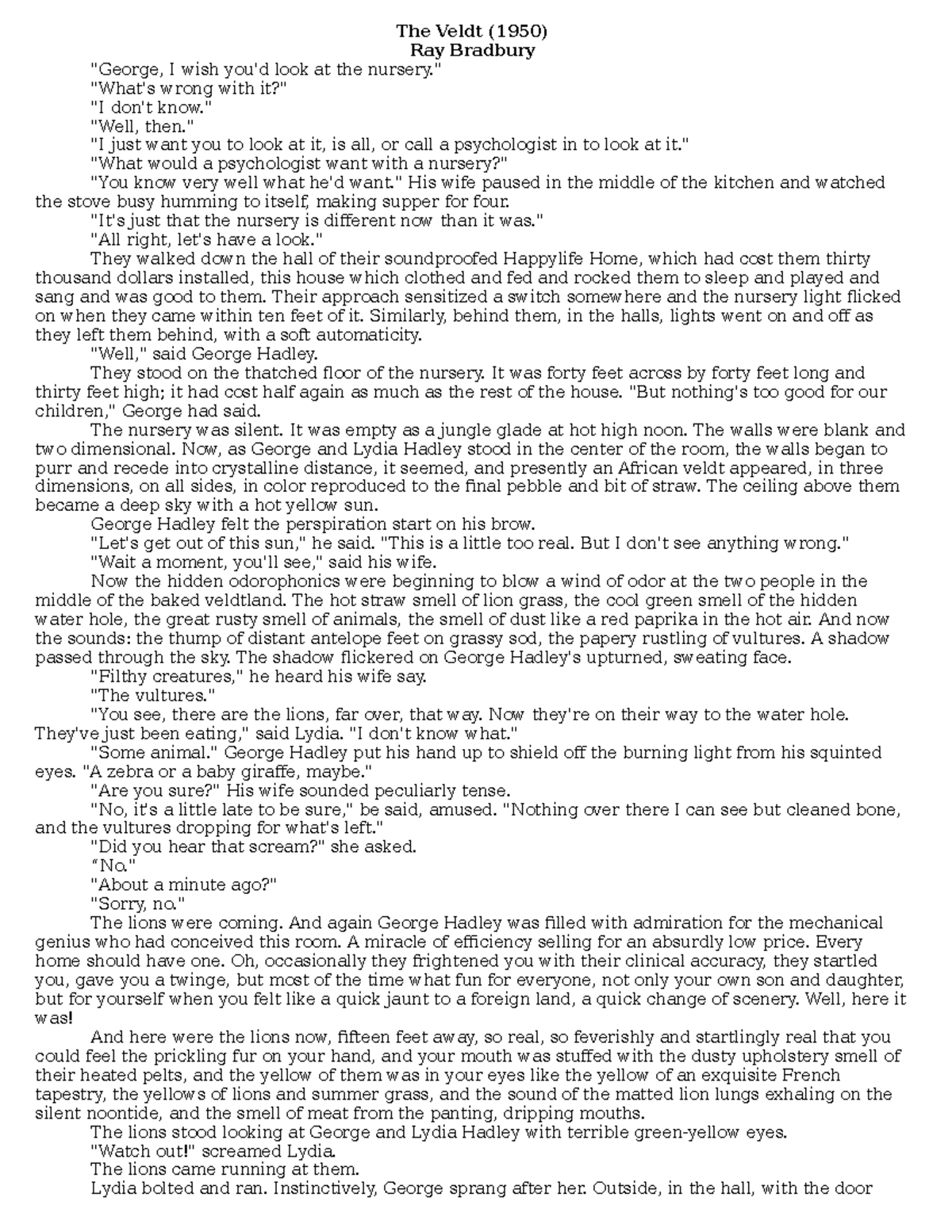 Bradbury The Veldt - class reading assignment - The Veldt (1950) Ray ...