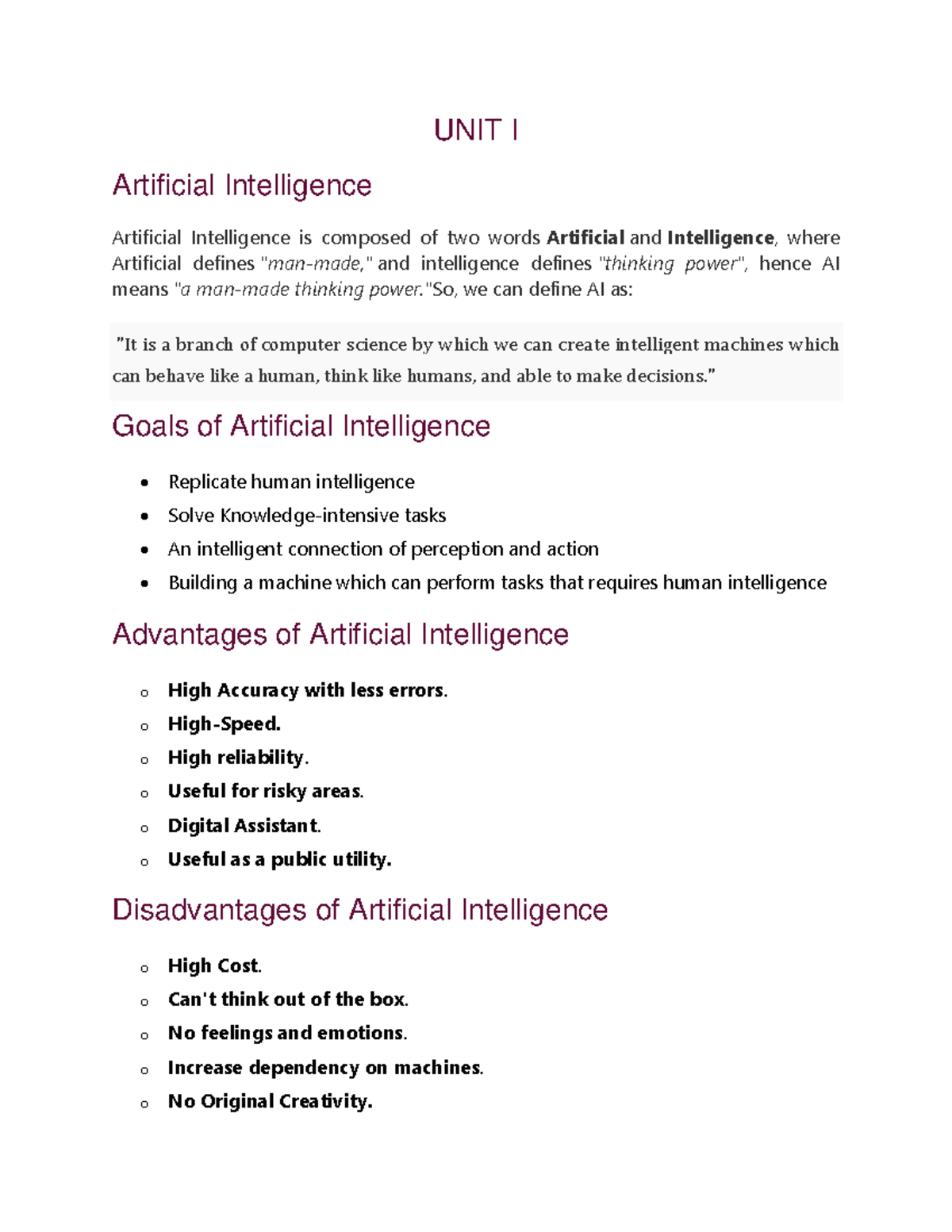 Artificial Intelligence - UNIT I Artificial Intelligence Artificial ...