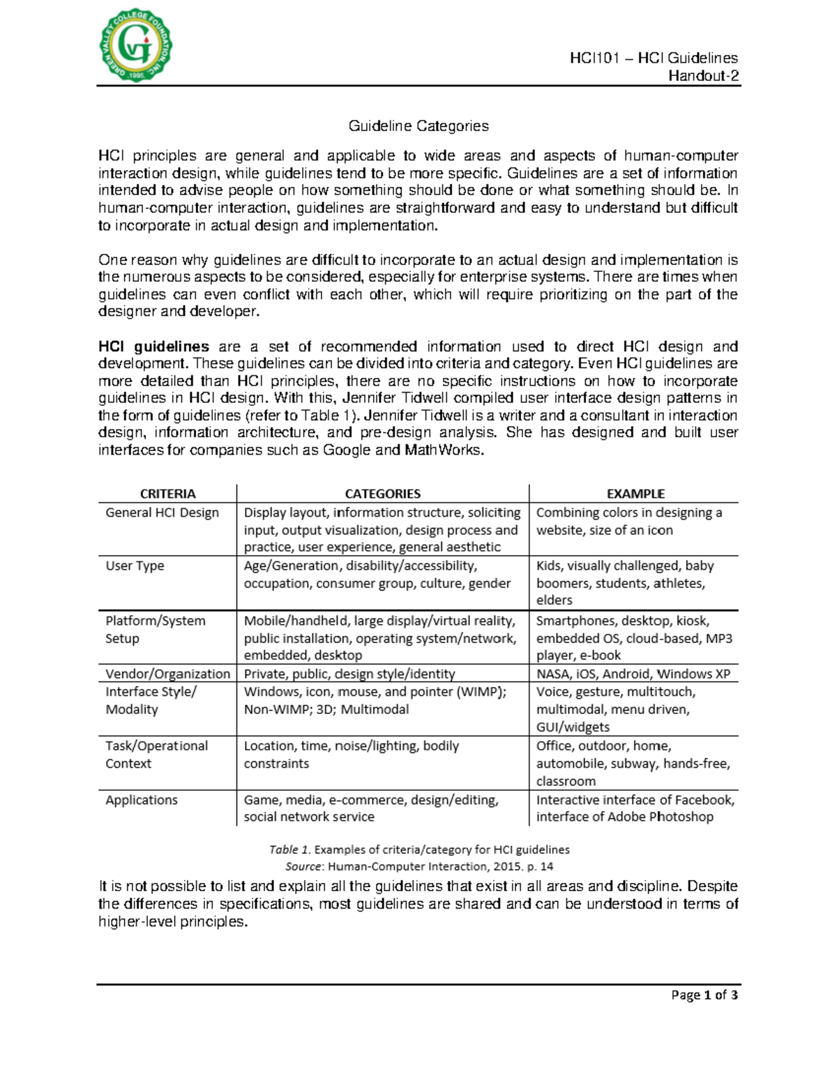 Handout 2(4) - HCI101 – HCI Guidelines Handout- Page 1 of 3 Guideline ...