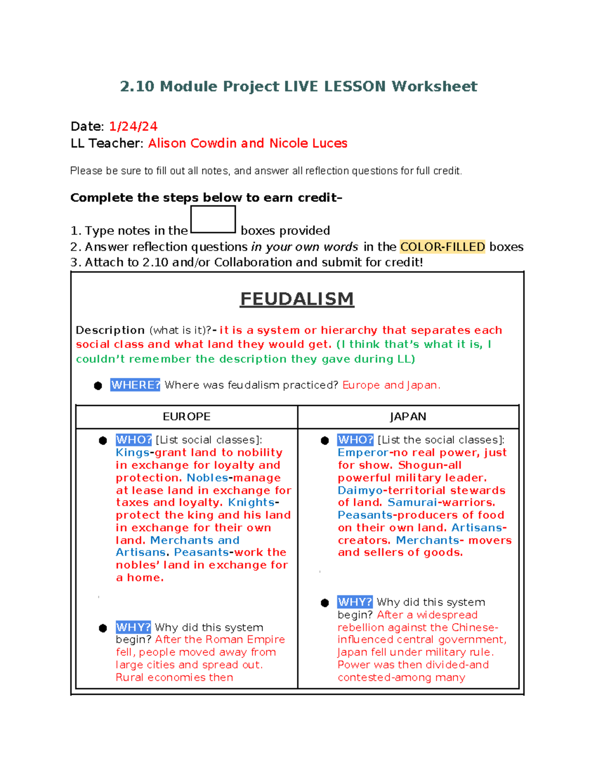 LL worksheet - Europe and Japan - 2 Module Project LIVE LESSON ...