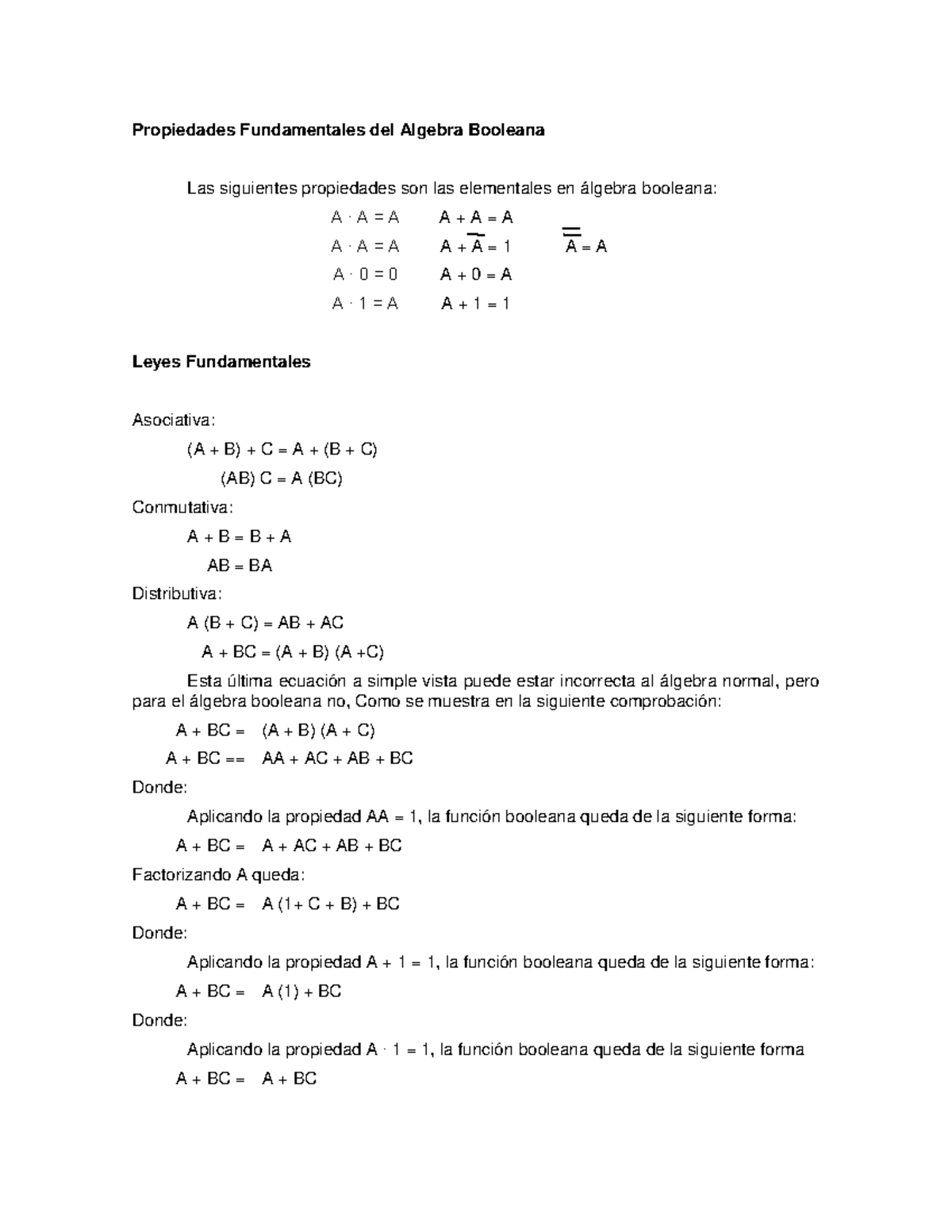 1Propiedades y Leyes Algebra Booleana - Propiedades Fundamentales del ...