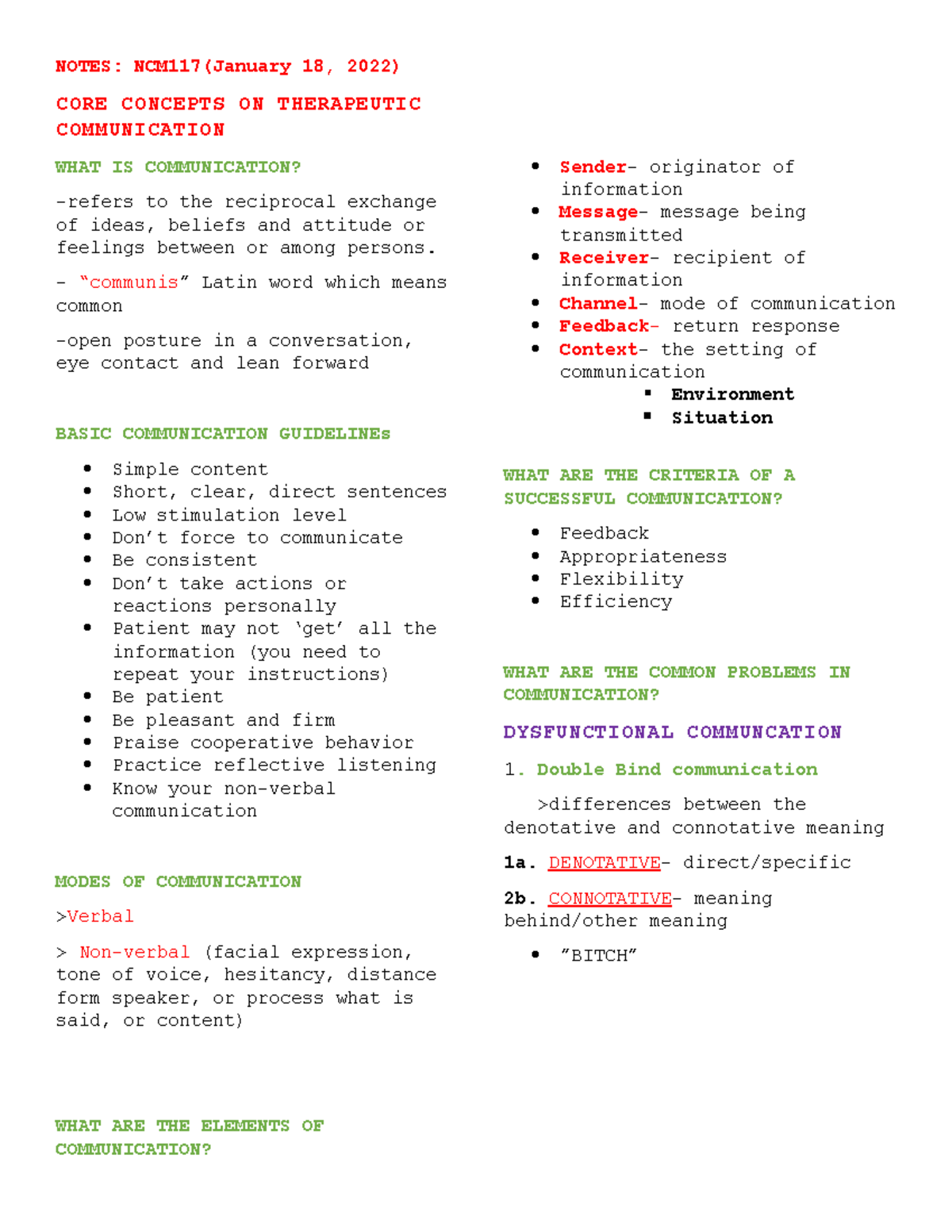 NCM 117- CORE Concepts OF Therapeutic Communication - NOTES: NCM117 ...