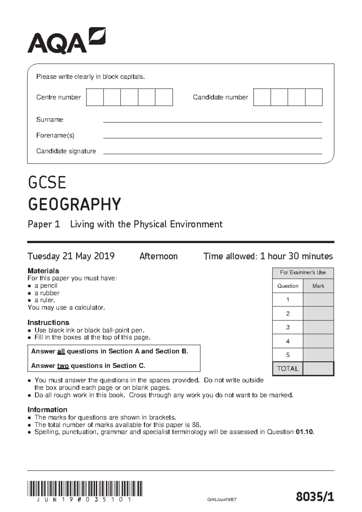 2019 Paper 1 - (JUN198035101) G/KL/Jun19/E7 8035/ GCSE GEOGRAPHY Paper ...