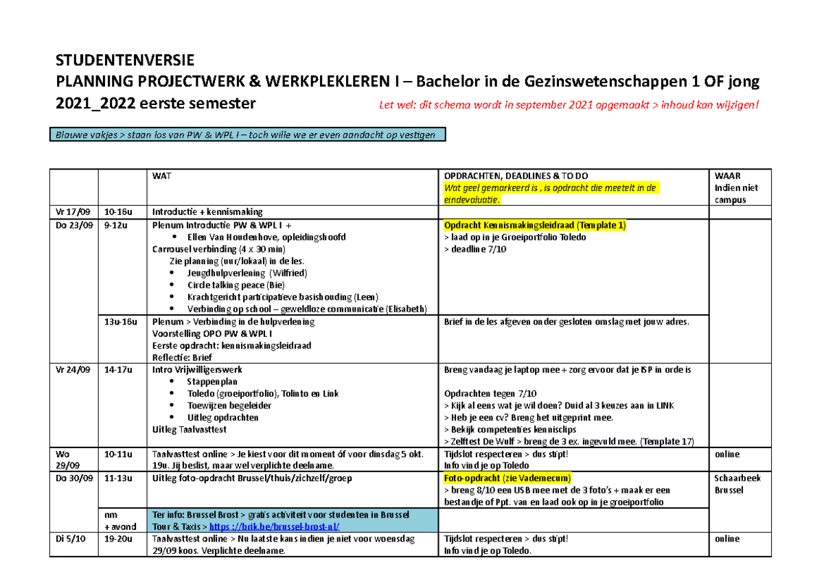 21 planning 1ste semester studenten - STUDENTENVERSIE PLANNING ...