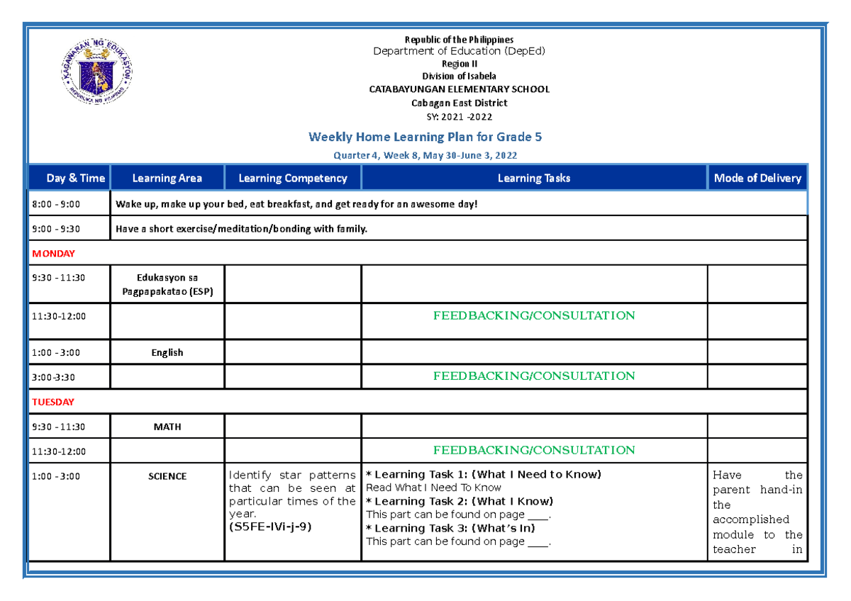 WHLP Grade 5 Q4 W8 - n/A - Weekly Home Learning Plan for Grade 5 ...