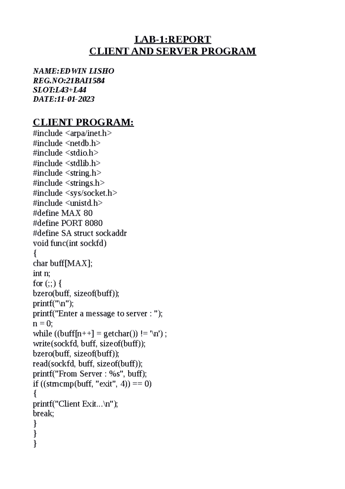 LEC NOTES 22021 - LAB-1:REPORT CLIENT AND SERVER PROGRAM NAME:EDWIN ...
