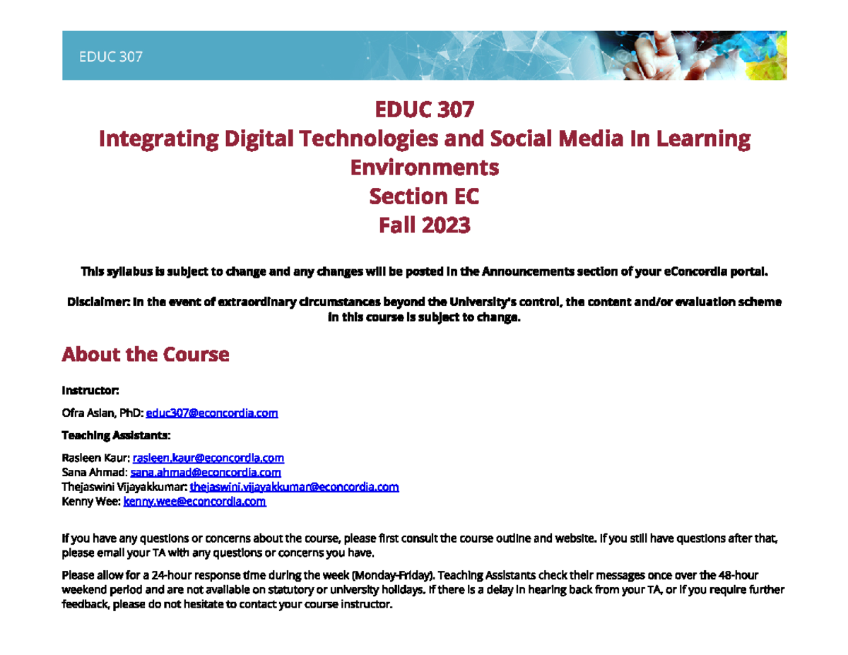 Outline- Educ 307 - EDUC 307 - Studocu