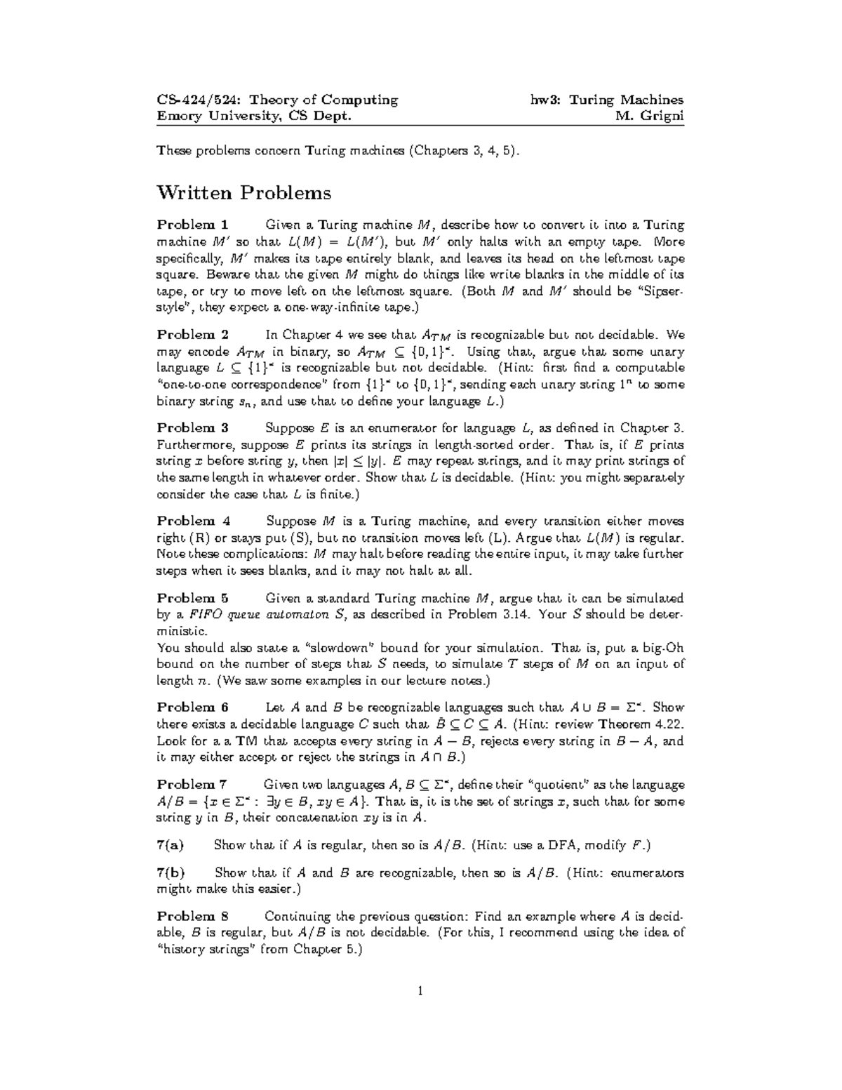 Hw3 - HW3 - CS-424/524: Theory of Computing hw3: Turing Machines Emory ...