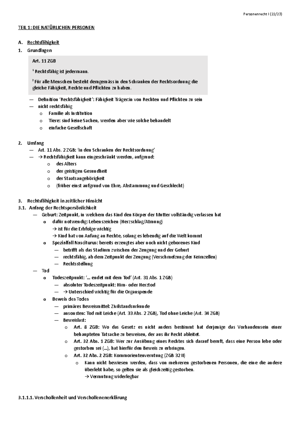 Personenrecht I - TEIL 1: DIE NATÜRLICHEN PERSONEN A. Rechtsfähigkeit ...