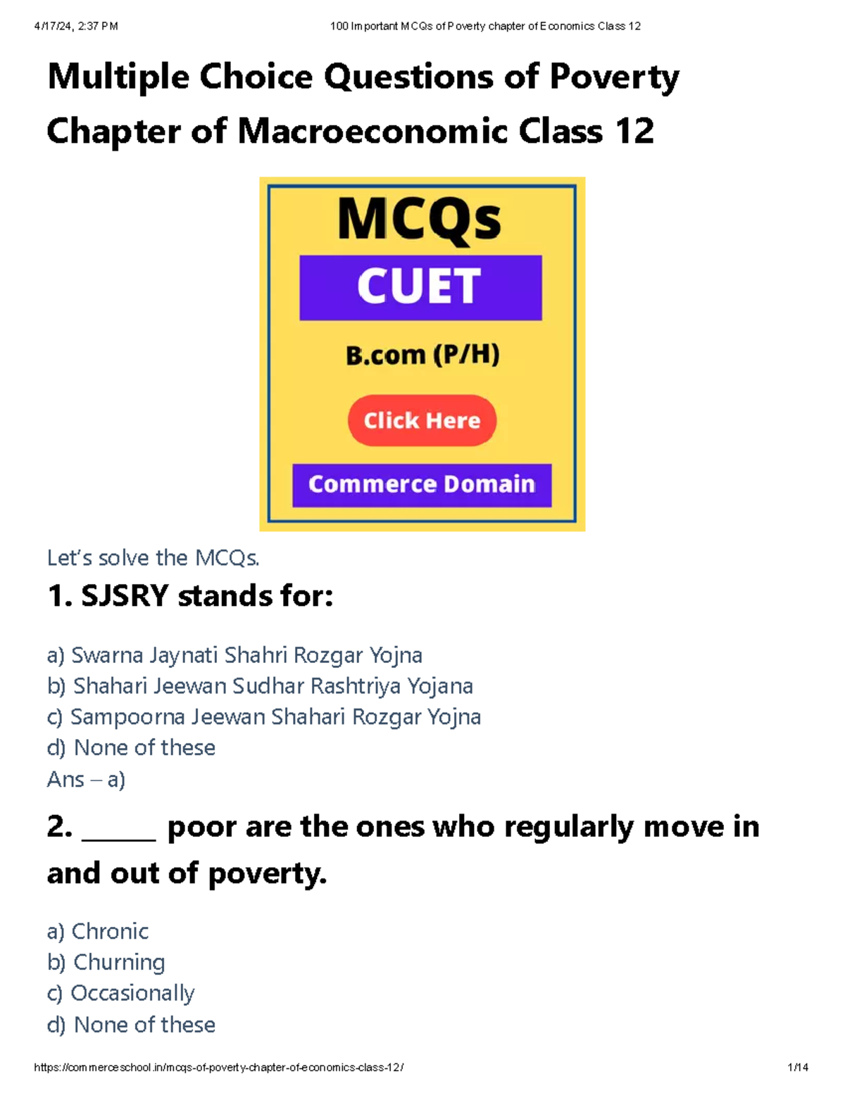 34 Important MCQs of Poverty chapter of Economics Class 12 - Multiple ...
