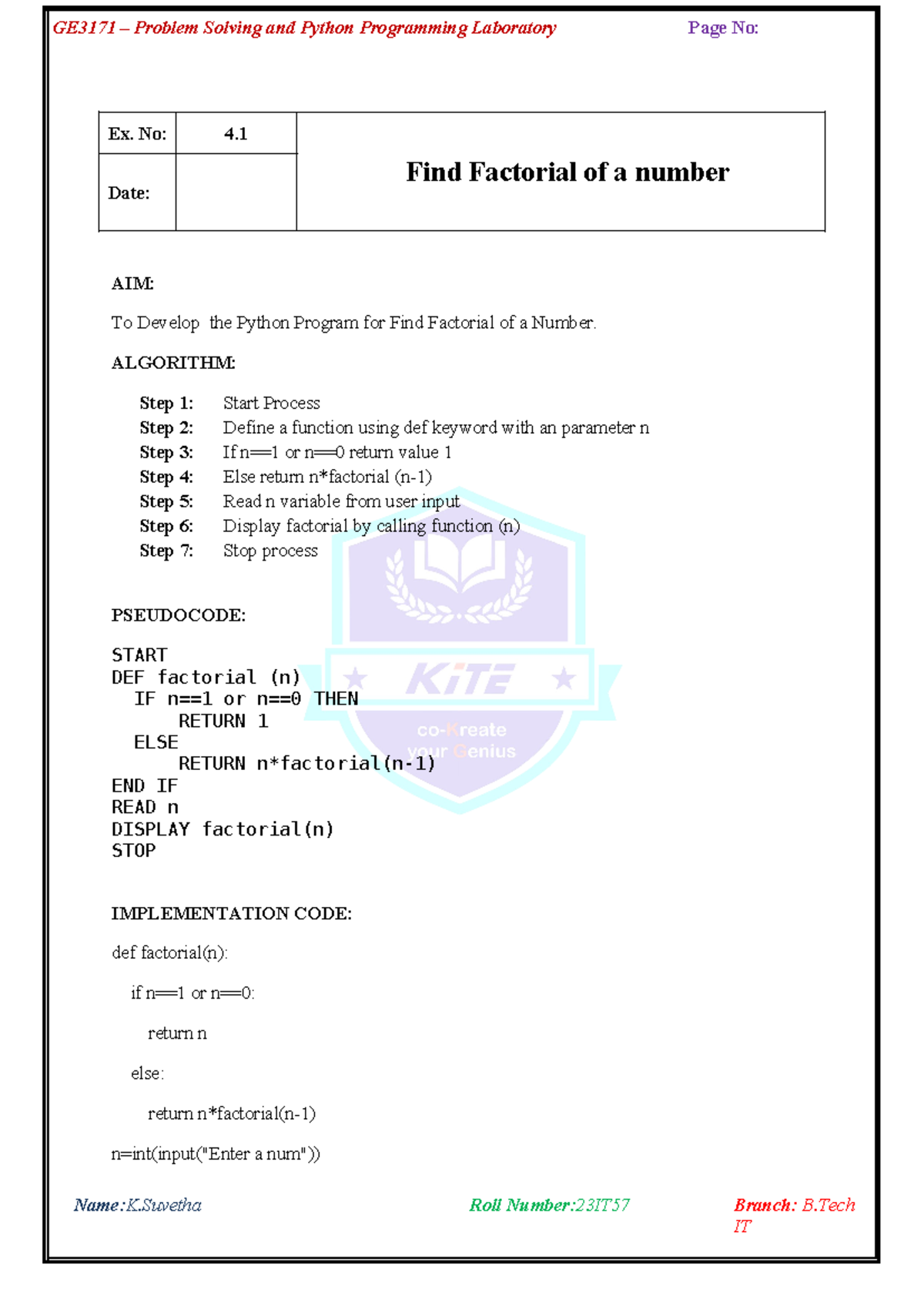 Factorial - GE3171 – Problem Solving and Python Programming Laboratory Page No: Ex. No: 4. Find ...