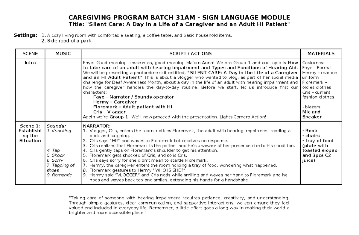 Skit Script for Taking Care of an Adult with Hearing Impairment ...