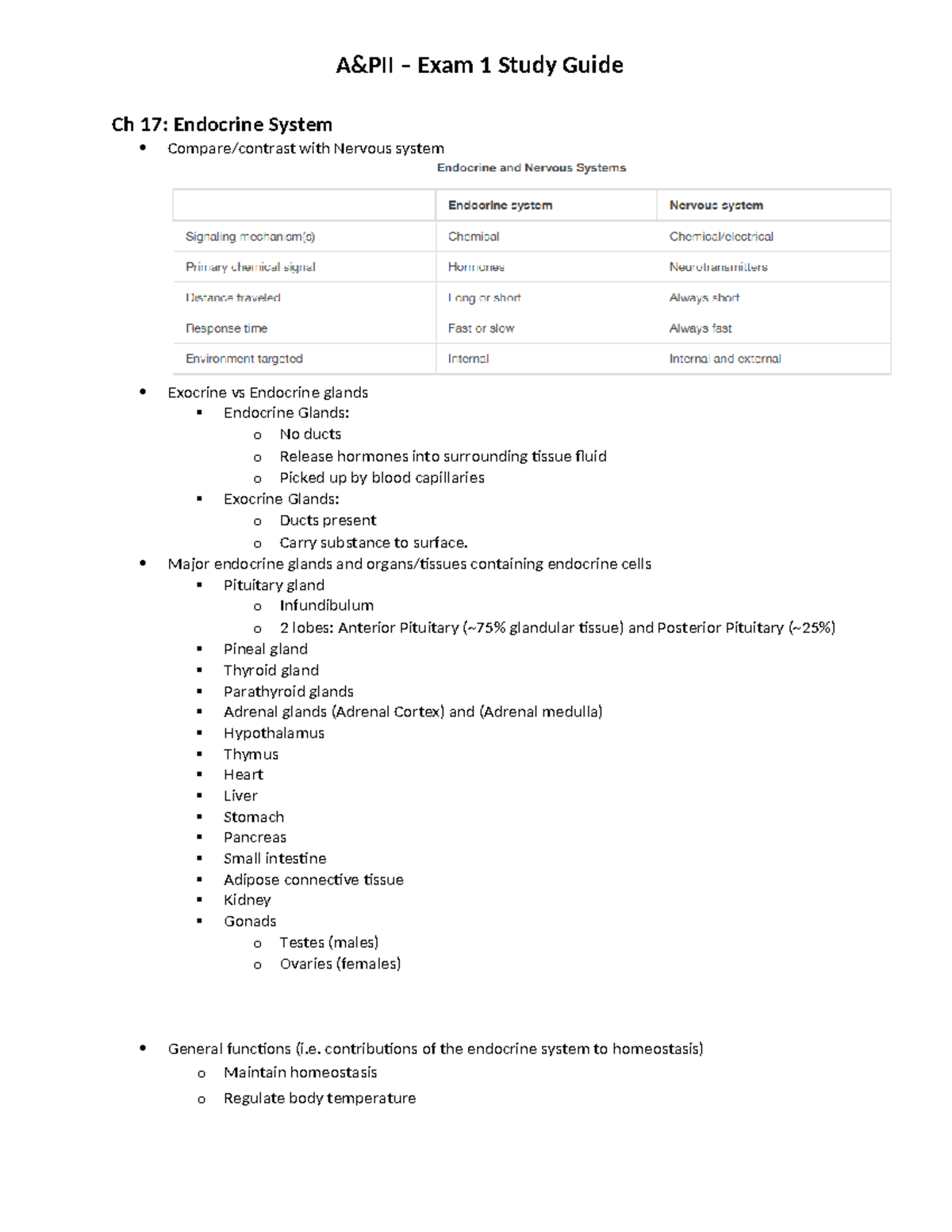 Study Guide Exam 1 - A&PII – Exam 1 Study Guide Ch 17: Endocrine System ...