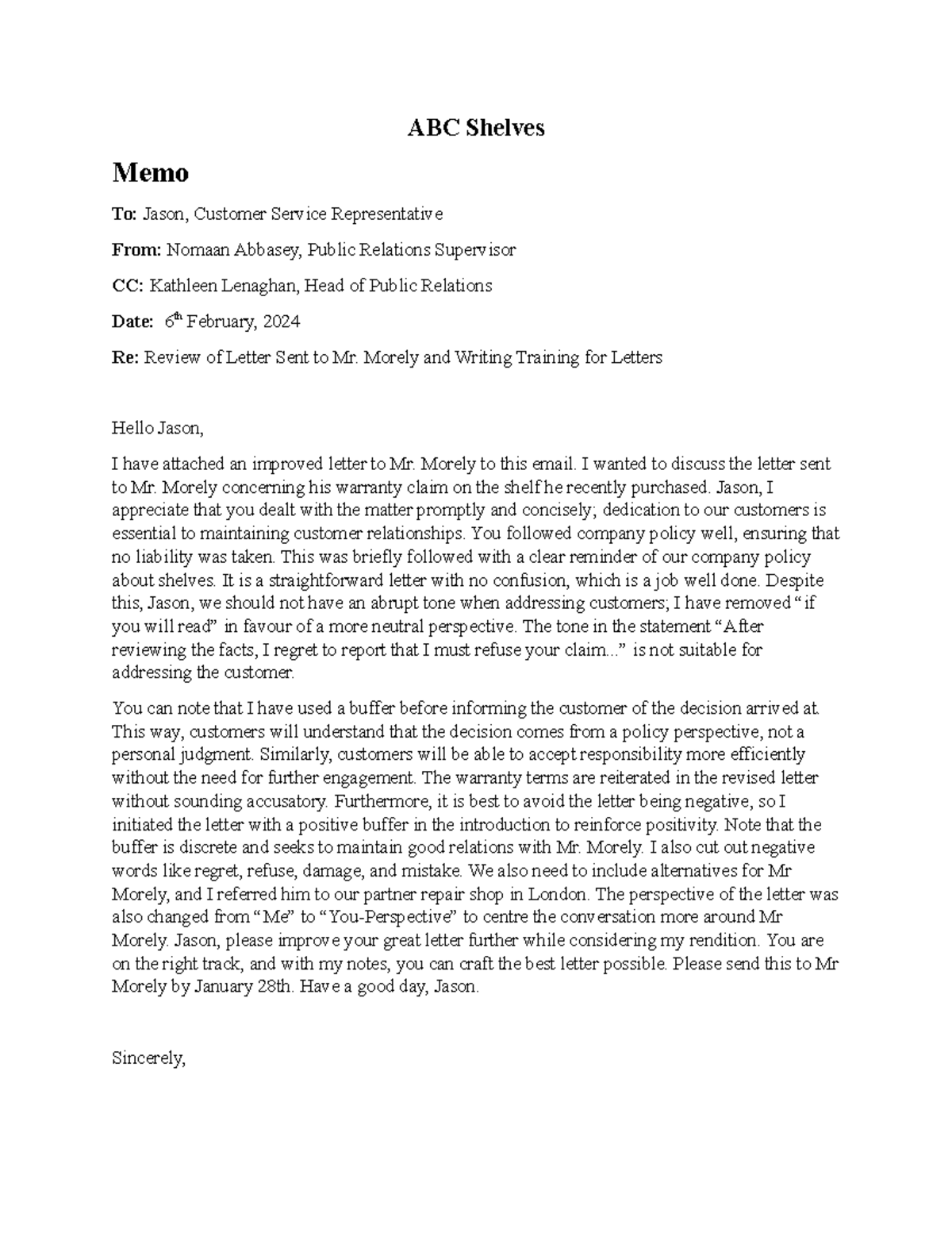 ABC Shelves MEMO - assignment - ABC Shelves Memo To: Jason, Customer ...