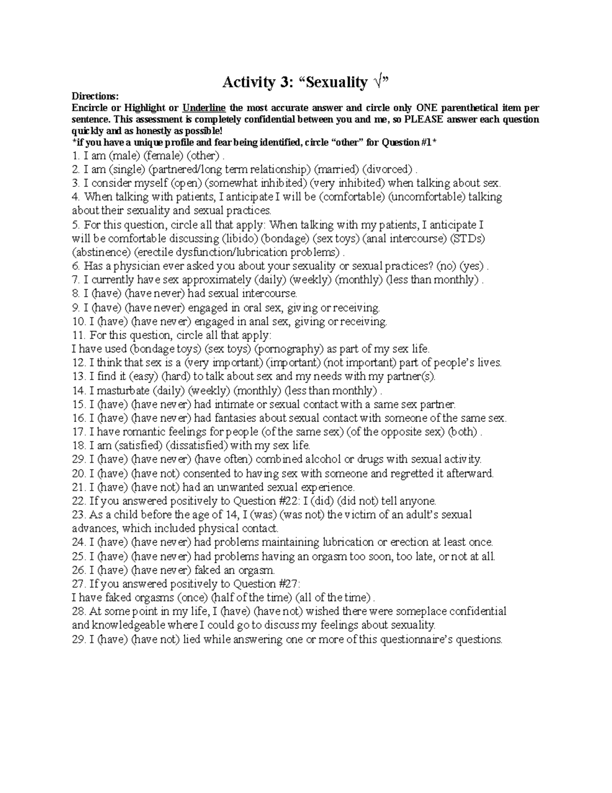 Activity 3.Sexuality check - Activity 3: “Sexuality √” Directions ...
