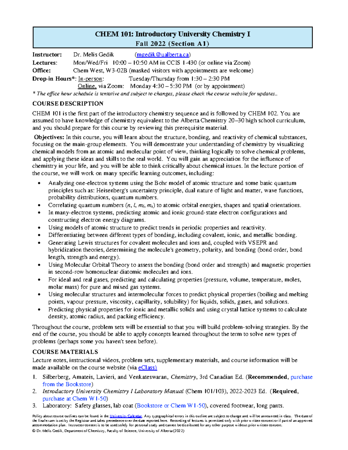 CHEM101 A1 Syllabus(Fa2022) - Policy about course outlines can be found ...