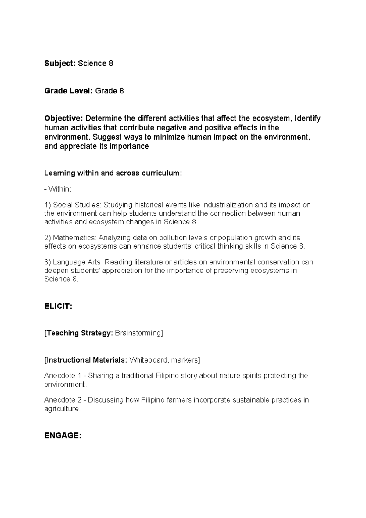 Lesson plan - Subject: Science 8 Grade Level: Grade 8 Objective ...